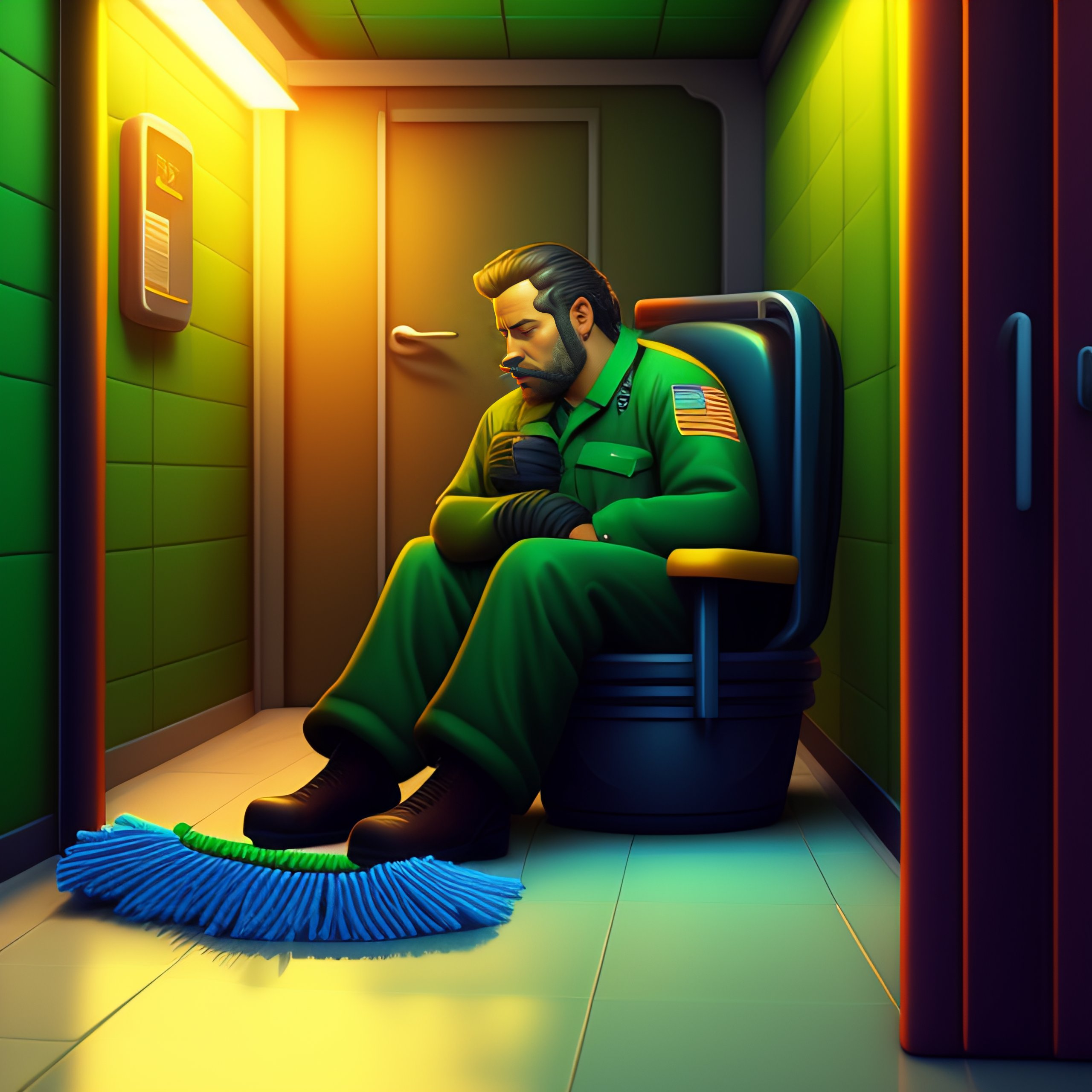 Lexica - Sleeping janitor - male - in janitor closet - 1970 era ...