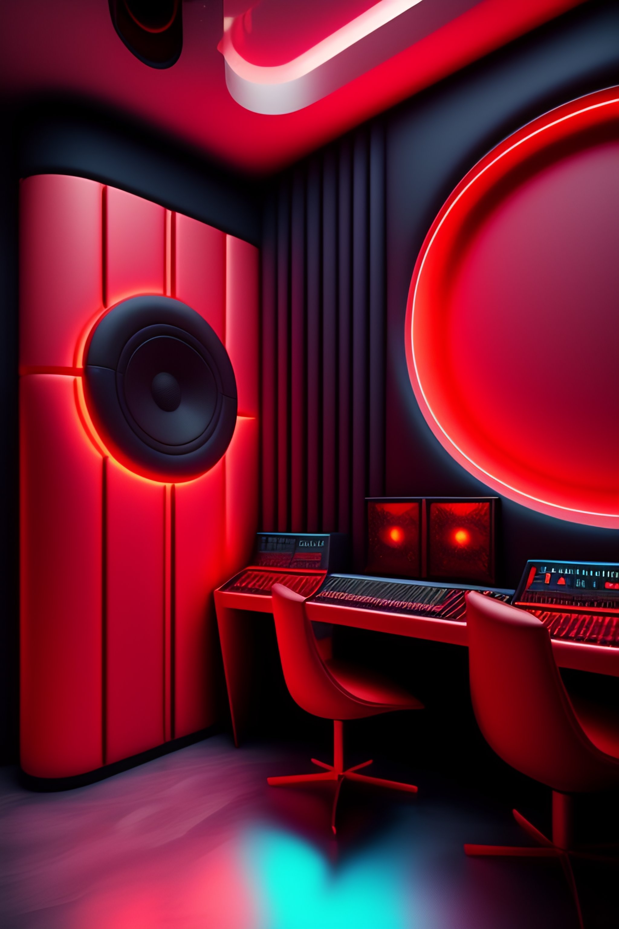 Lexica - Futuristic cyberpunk homey cozy recording studio, dark red ...