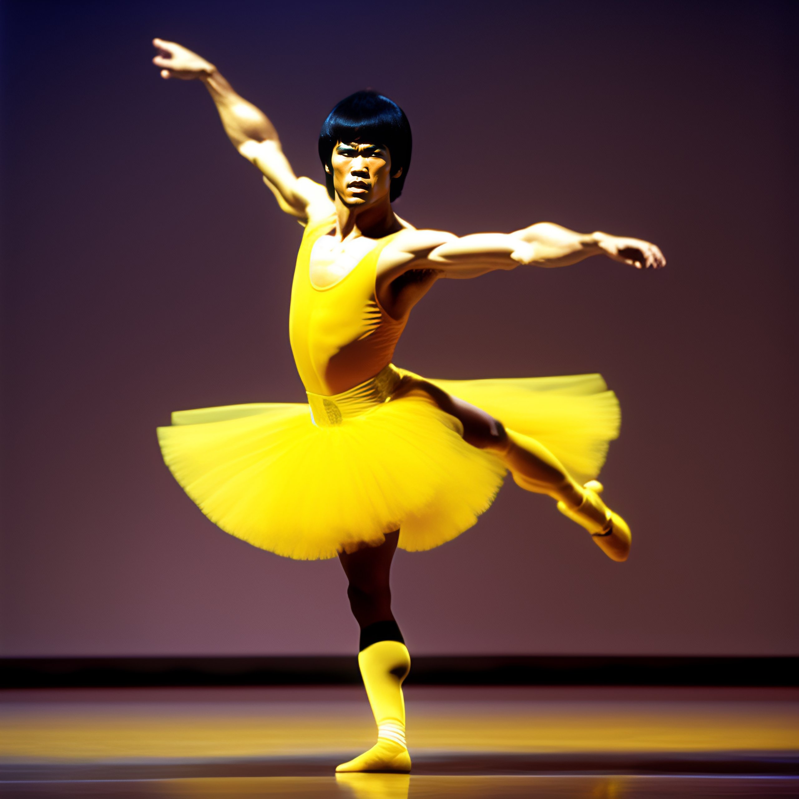 Lexica - Bruce lee in yellow ballerina tutu dancing preforming on stage