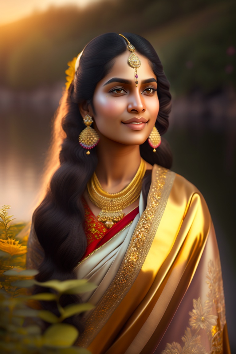 Lexica - Portrait of 1 pure young India woman, standing by a river in ...