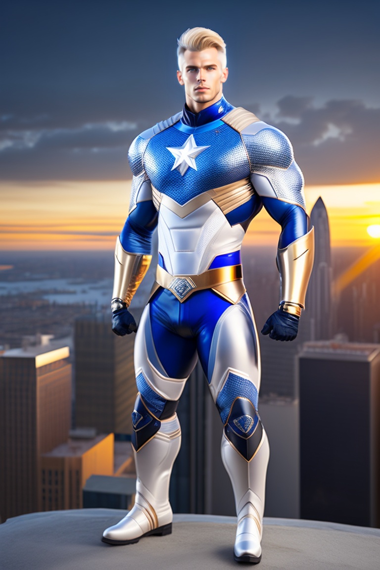 Lexica - Centered, full body body, photo of a handsome super hero, blue ...