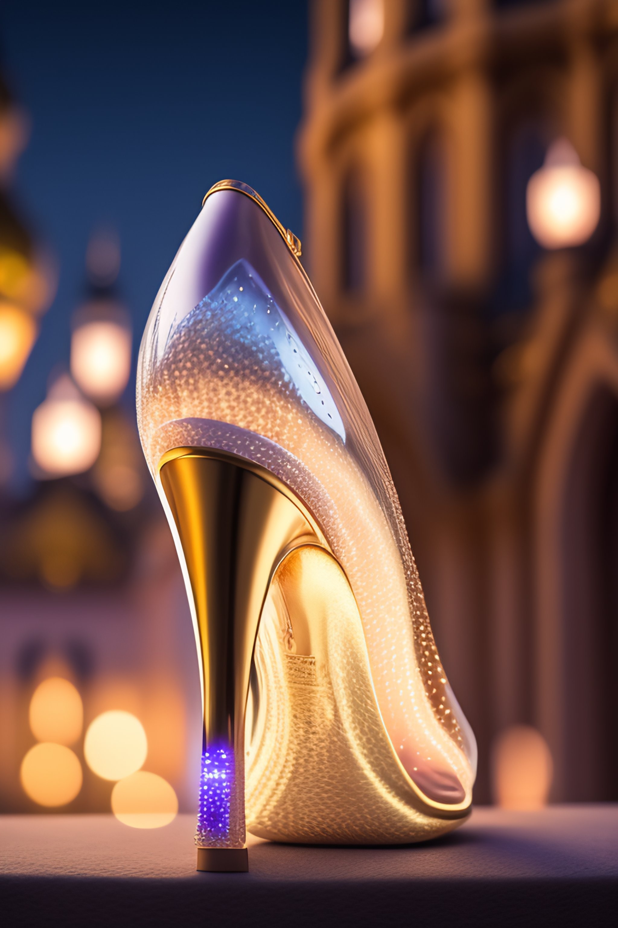 Lexica - Shiny clear intricate high heel shoe in front of a castle, 8k ...