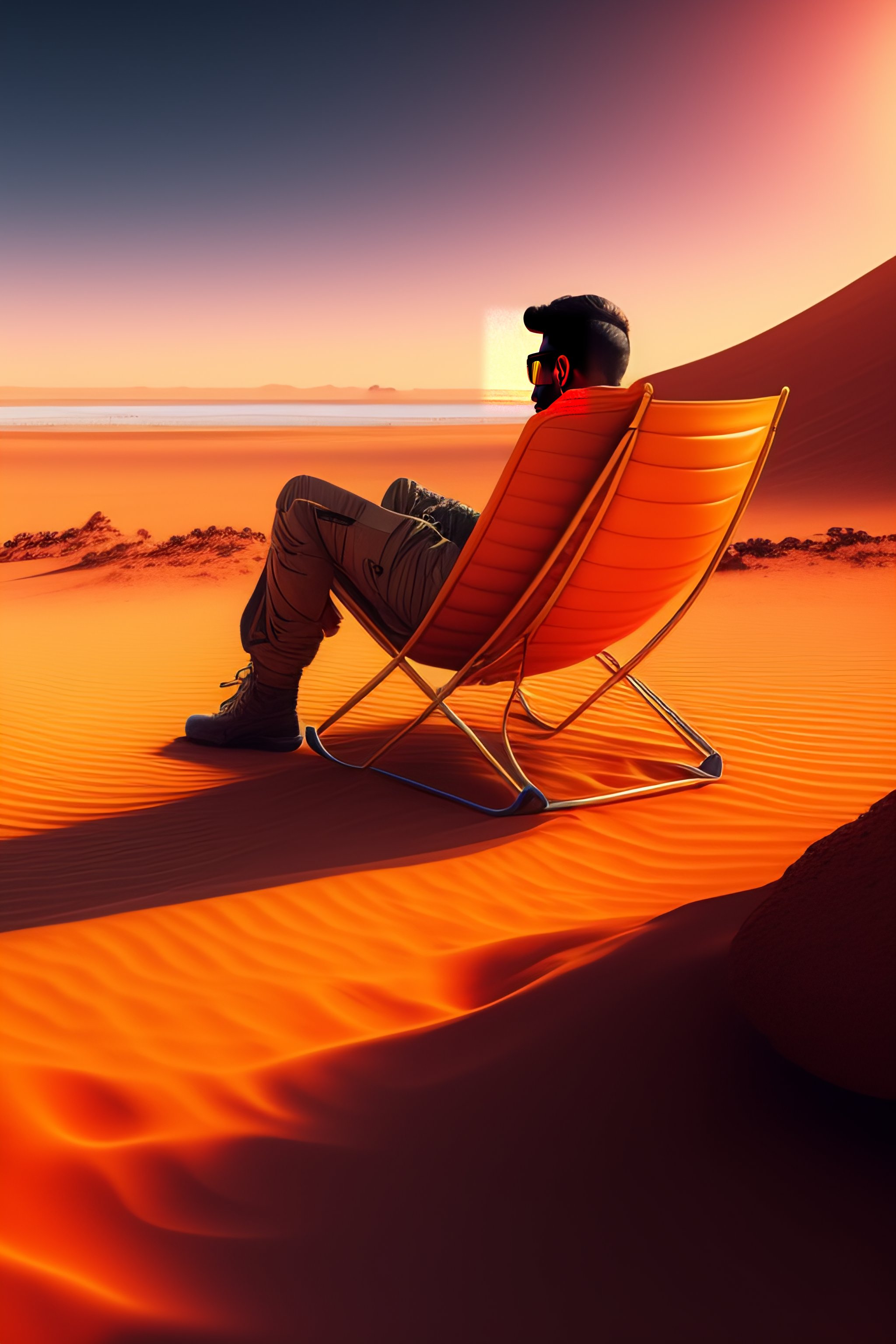 Lexica - A man resting on mars in a beach chair, vibrant lighting ...