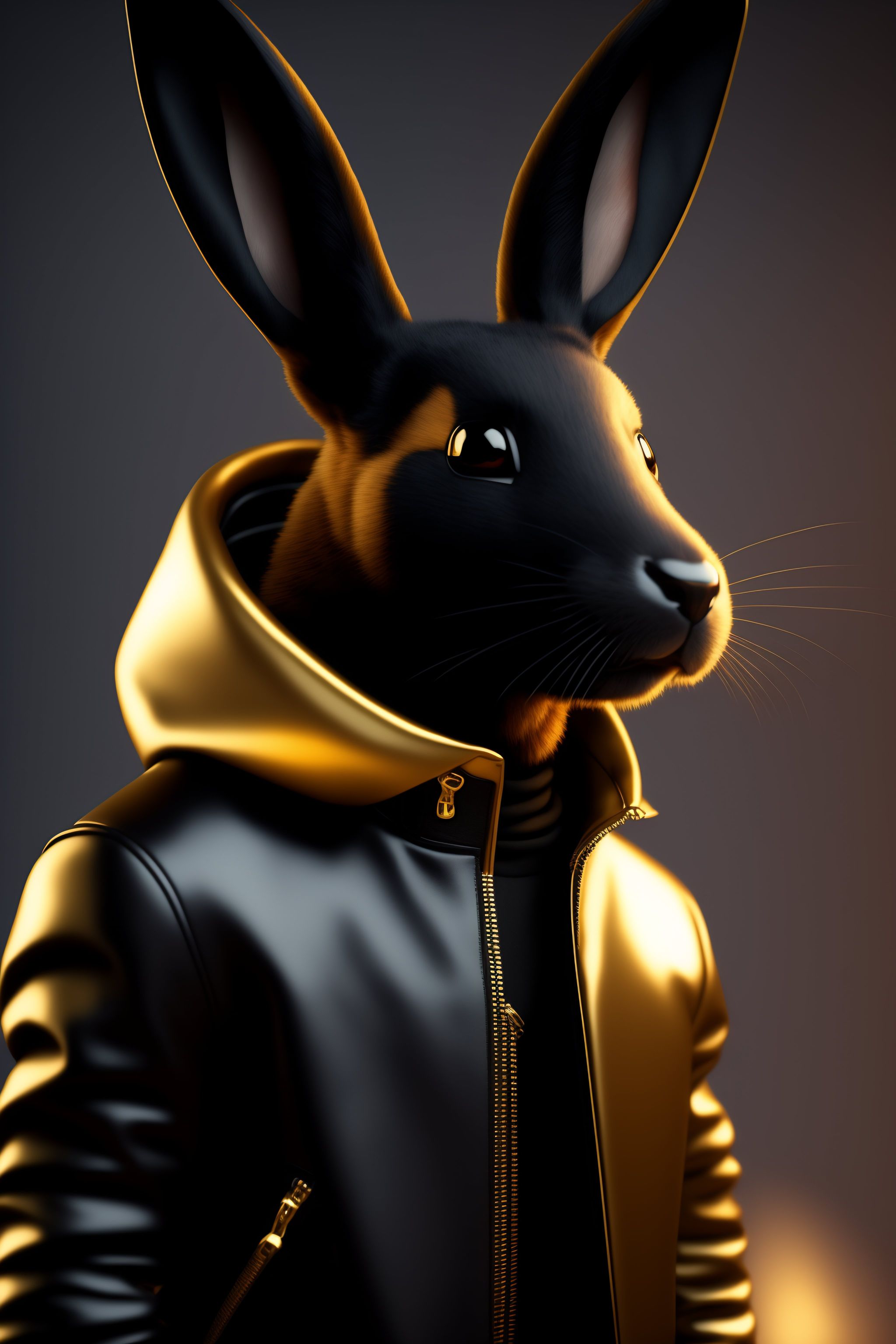 Lexica - Black Humanoid Rabbit with large white eyes leather jacket ...