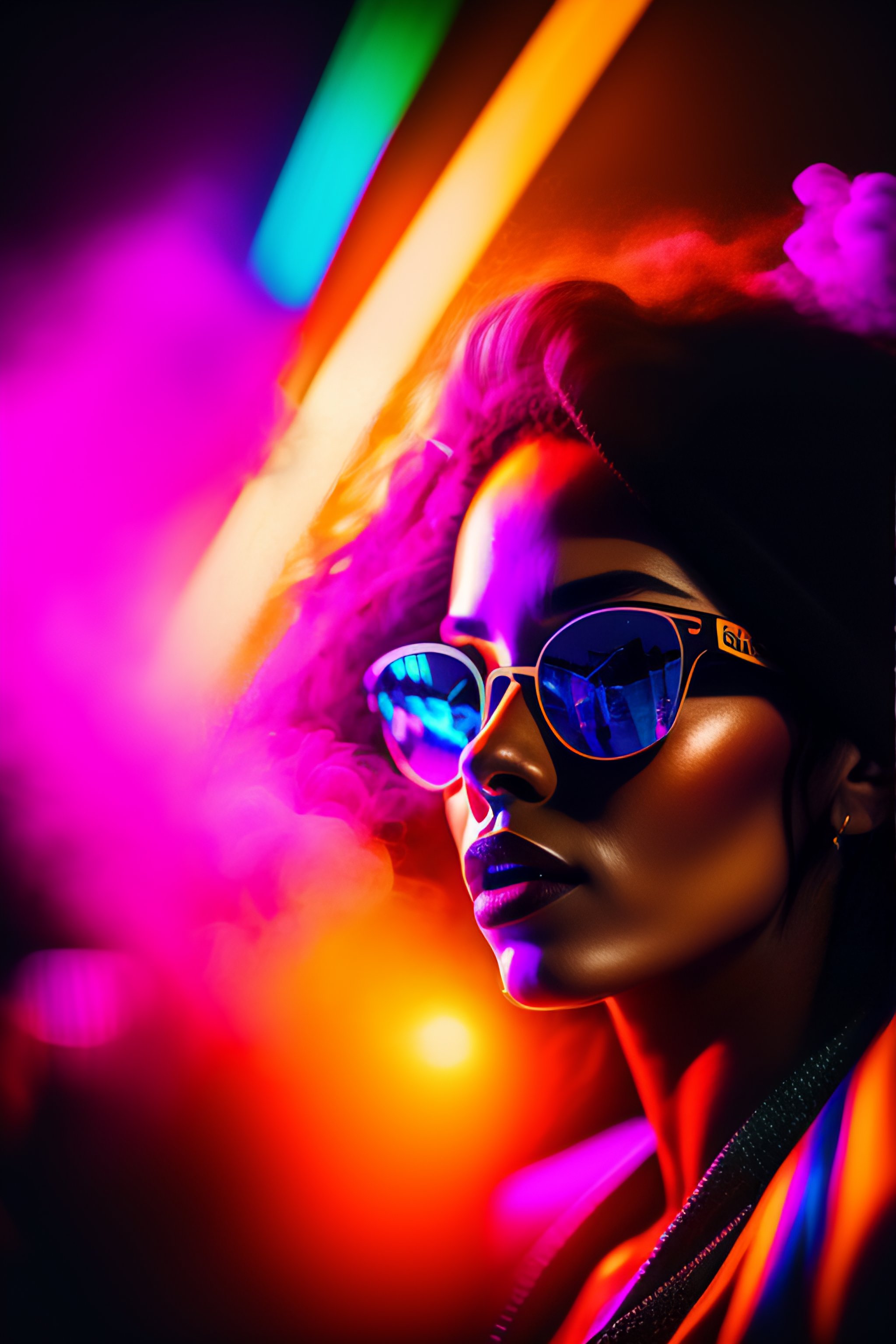 Lexica - A woman with sunglasses raving in a club with lasers and smoke