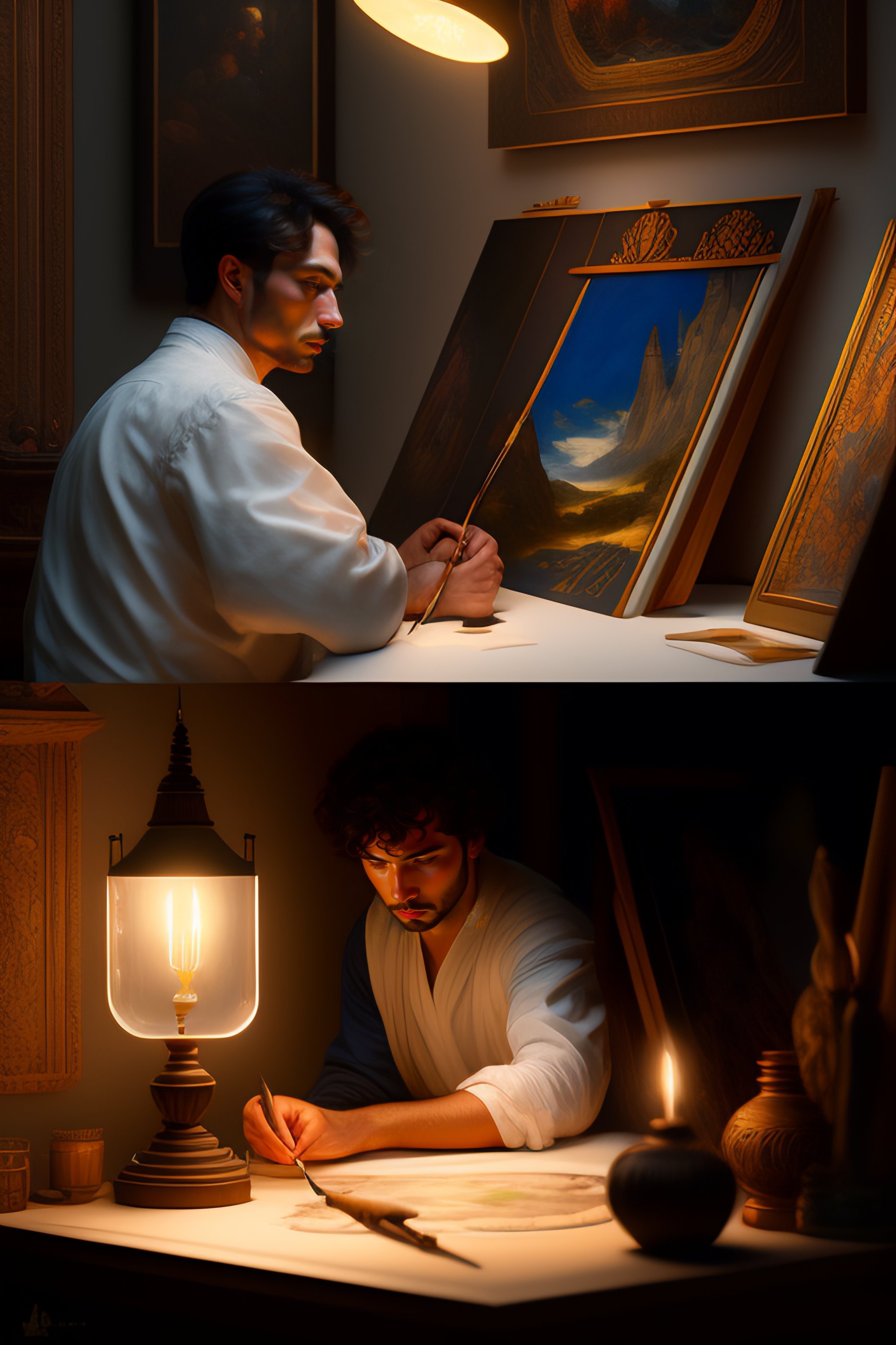 Lexica - An artist in his studio painting a collage, by edgar maxence ...