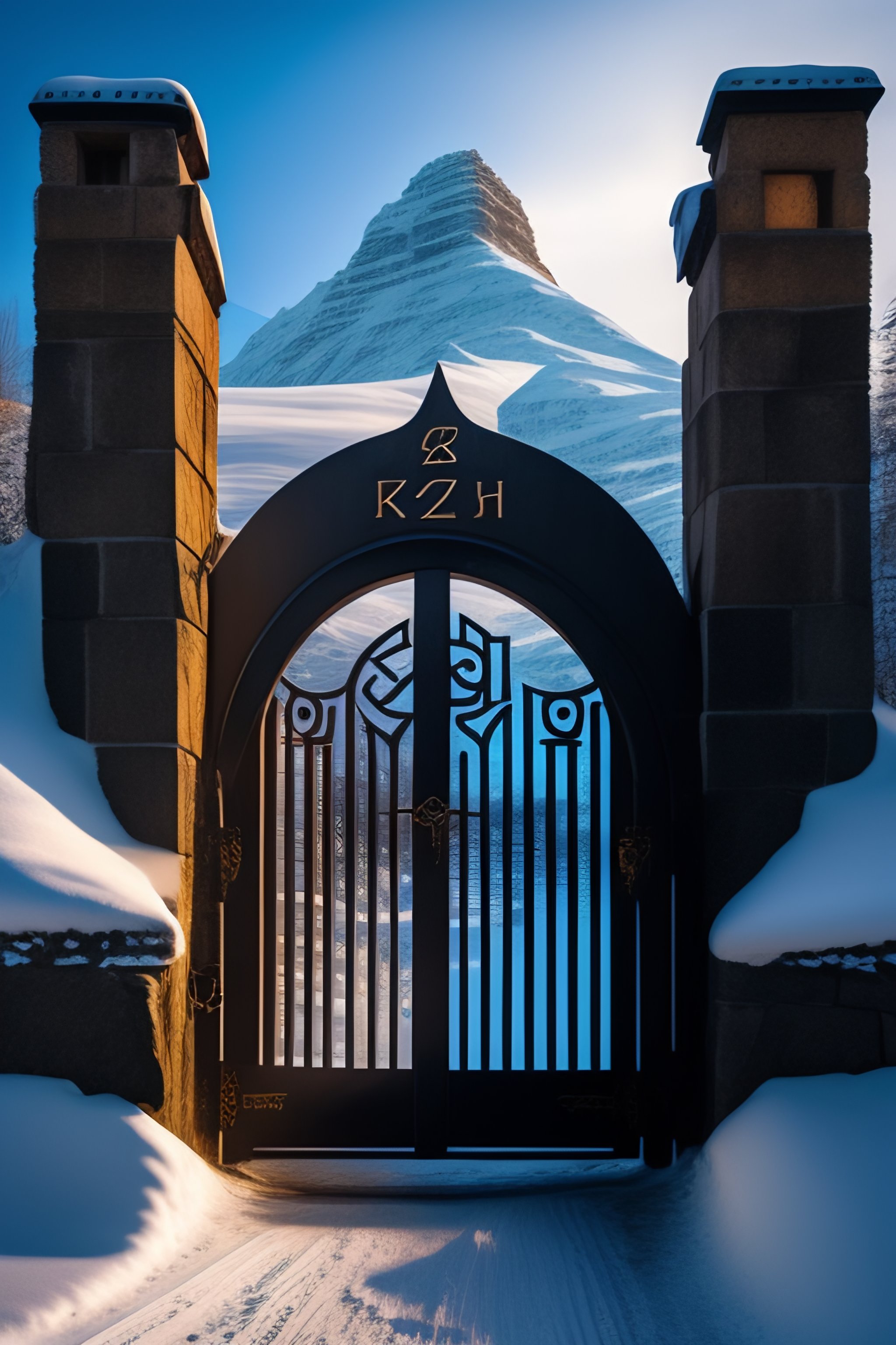 Lexica - Big frozen medieval gate with runic scriptures in the mountain