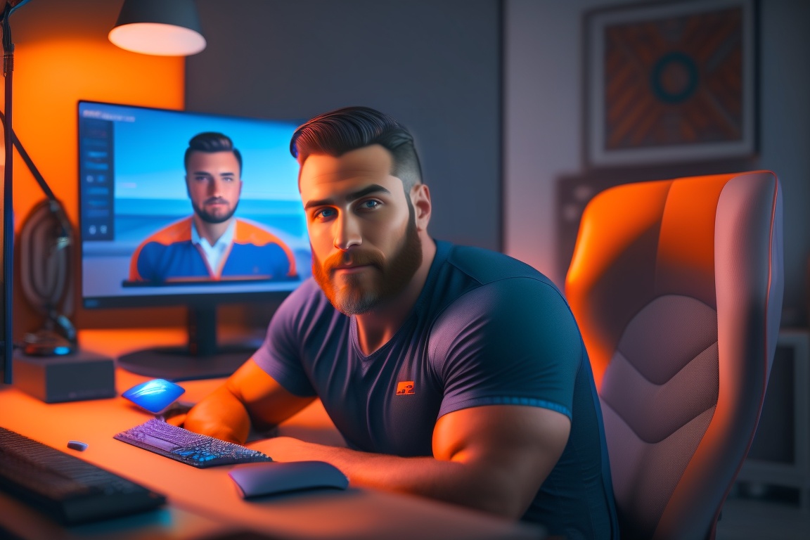 Lexica - A man sitting in a chair in front of a editing computer setup ...