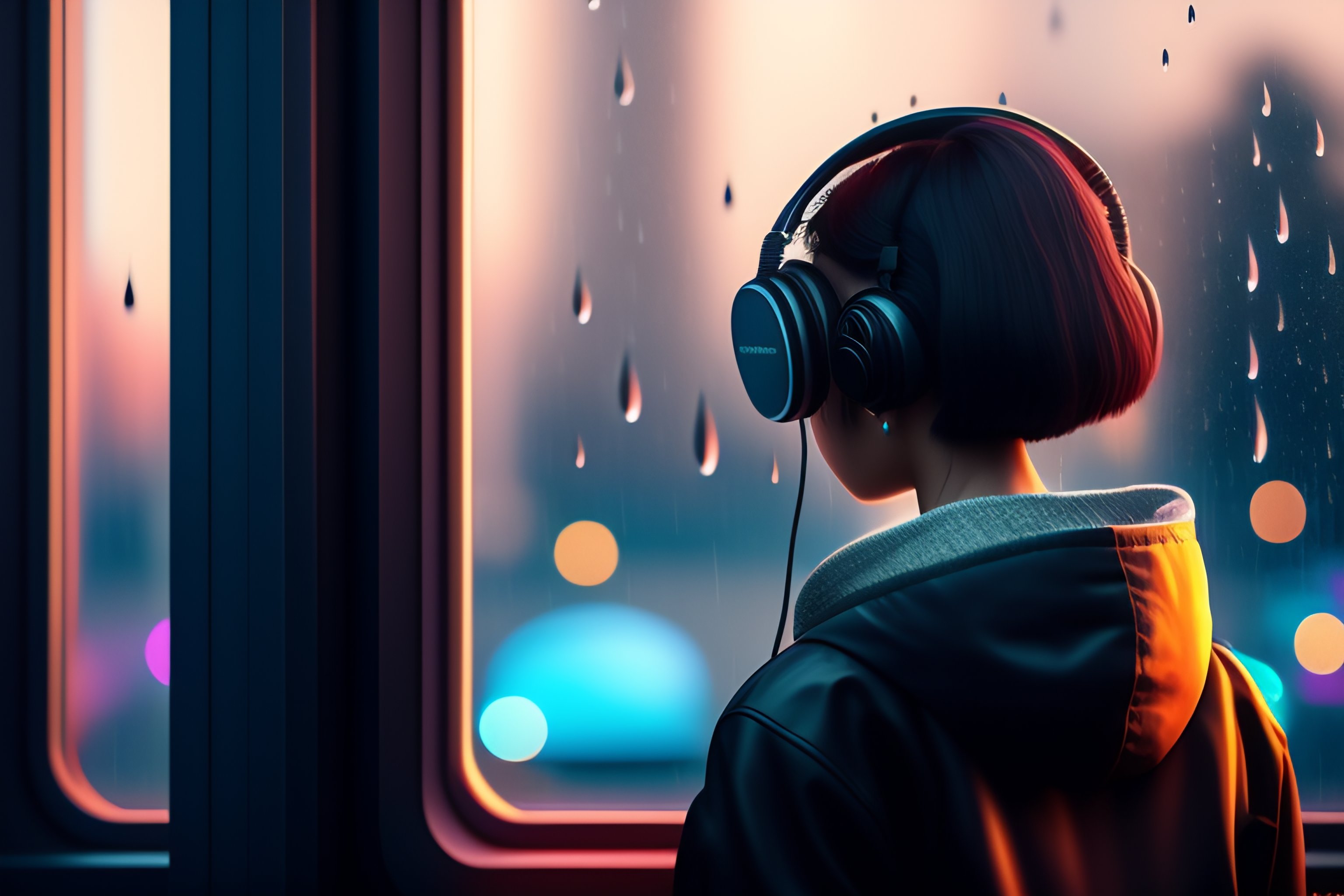 Lexica - A lofi girl with headphones is looking at a rainy window in ...
