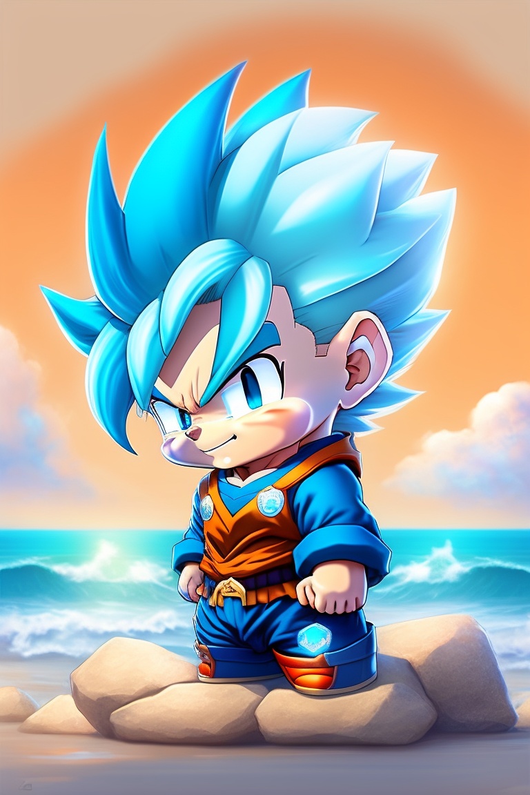 Lexica - An adorable cartoon baby goku, with chatGTP and the ocean