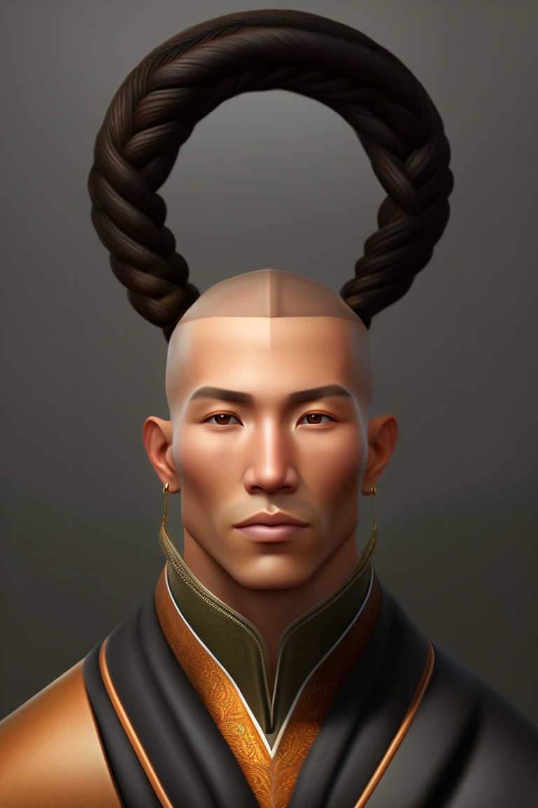 Lexica - Human male, monk, front face, shaved hair with one long braid ...