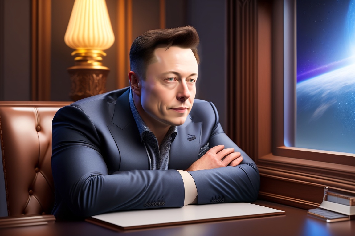 Lexica - Elon Musk, a visionary entrepreneur and innovator, sits behind his desk, surrounded by ...