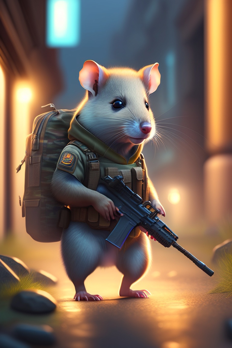 Lexica - A military rat with a machine gun walking with a baby by an ...