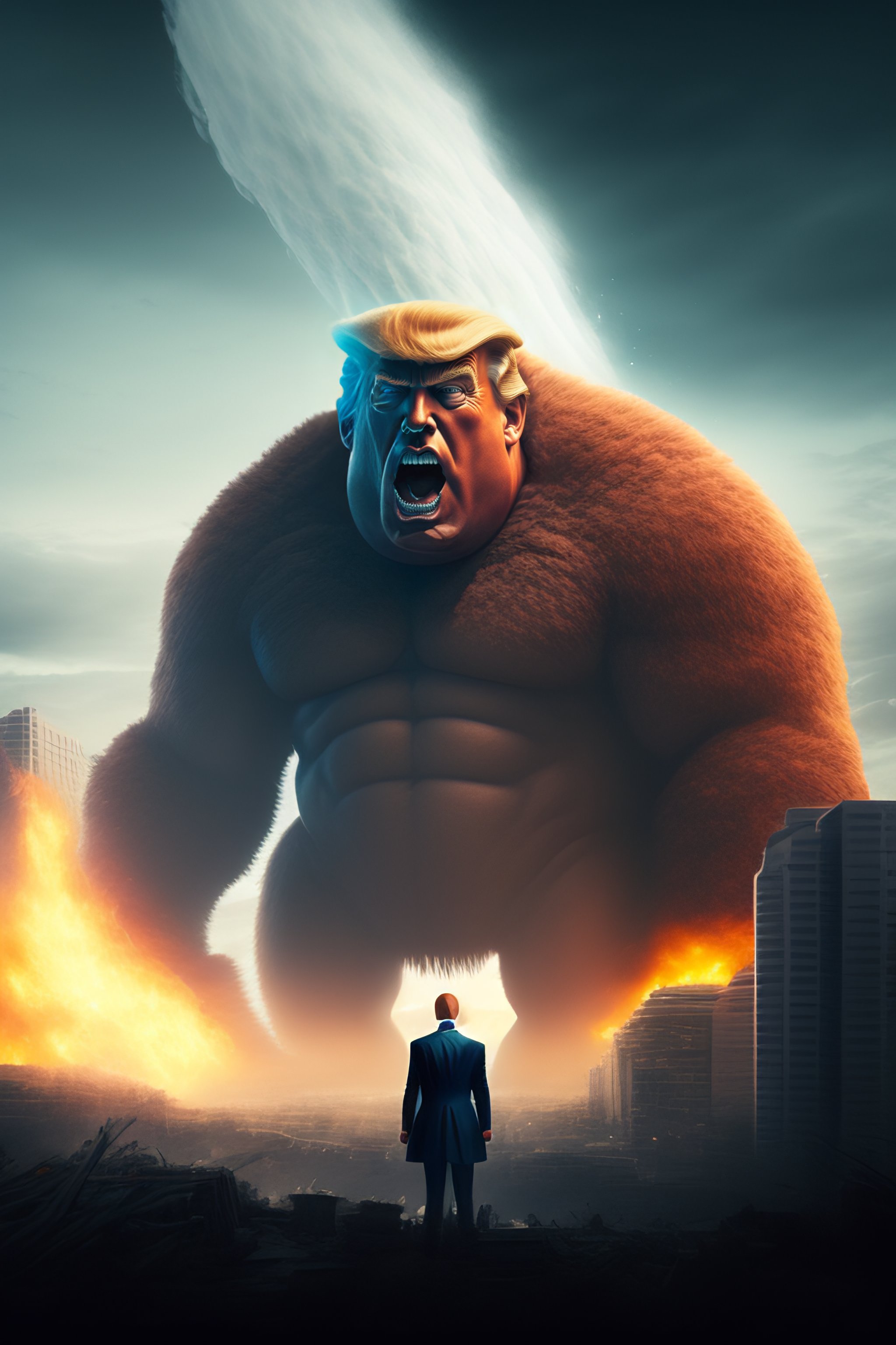Lexica - Donald Trump depicted as a Giant monster destroying a city