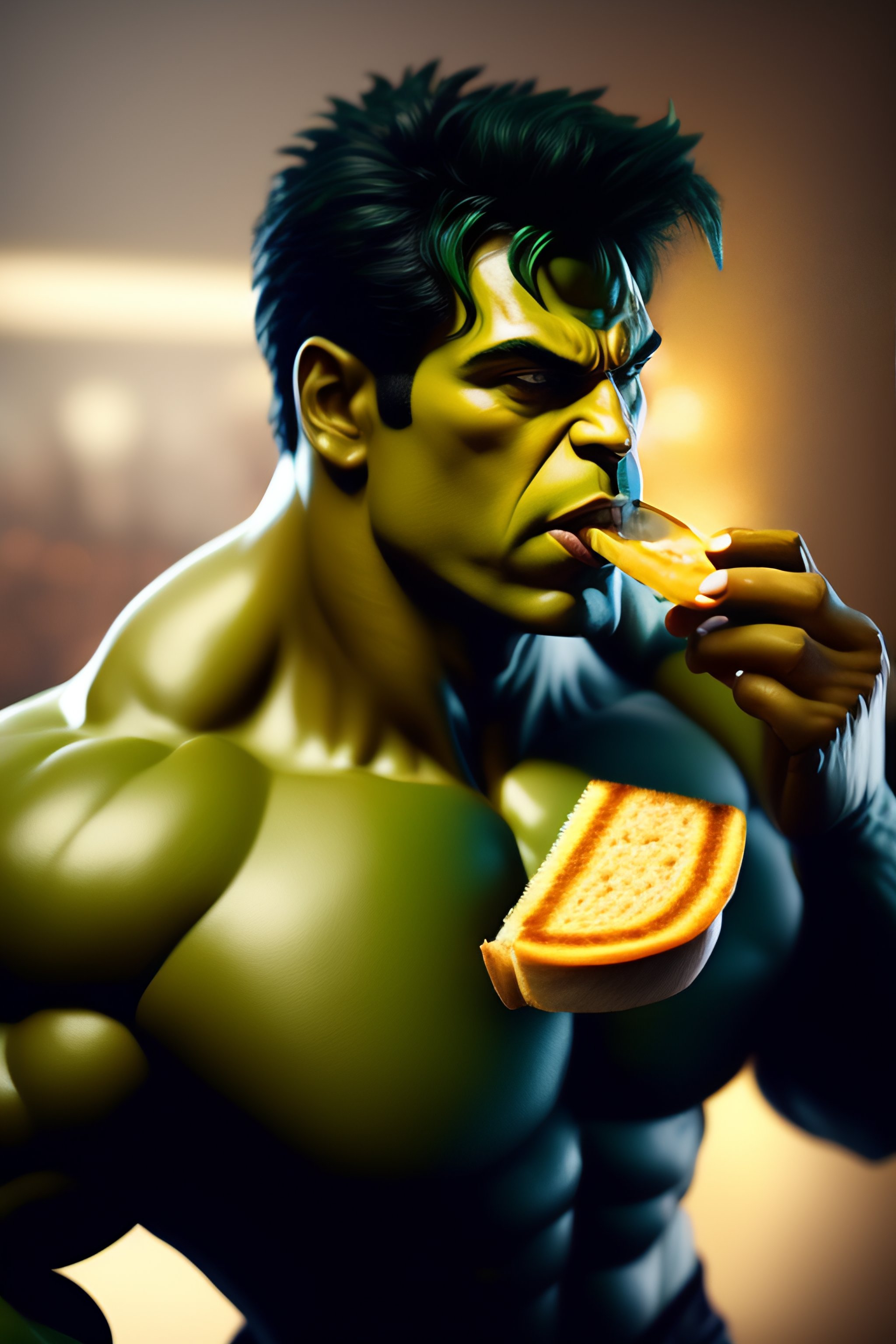 Lexica - The incredible hulk eating a sandwich, photo realistic