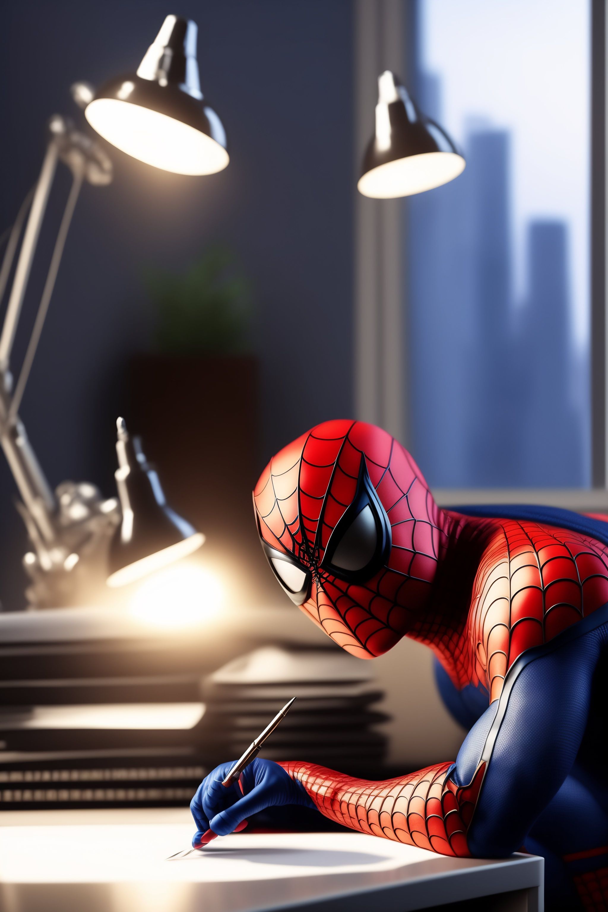 Lexica - Spiderman on a office sitting in a desk coming up with a plan ...