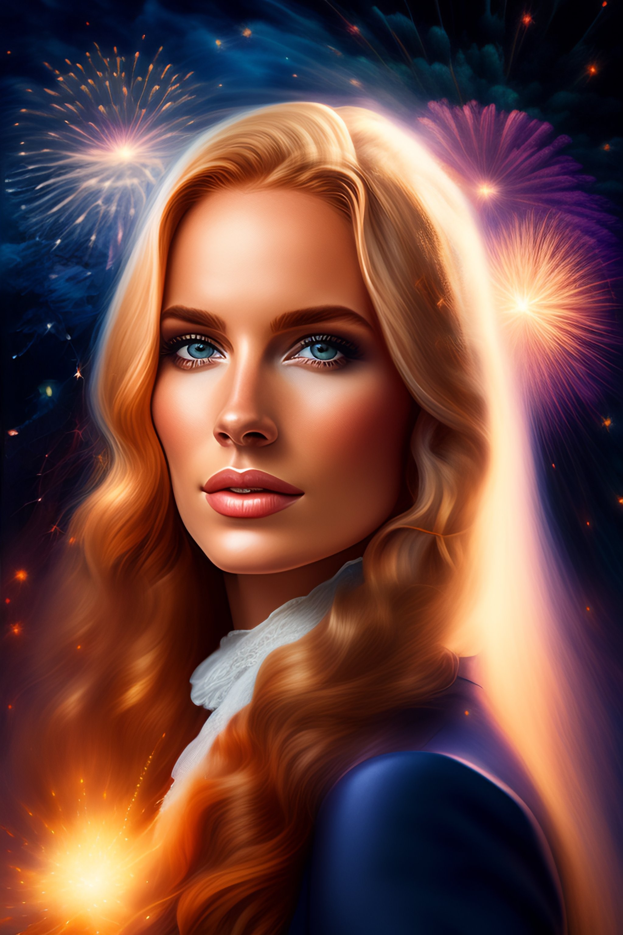 Lexica - Portrait of a woman in howarts, blonde hair, fireworks in the sky