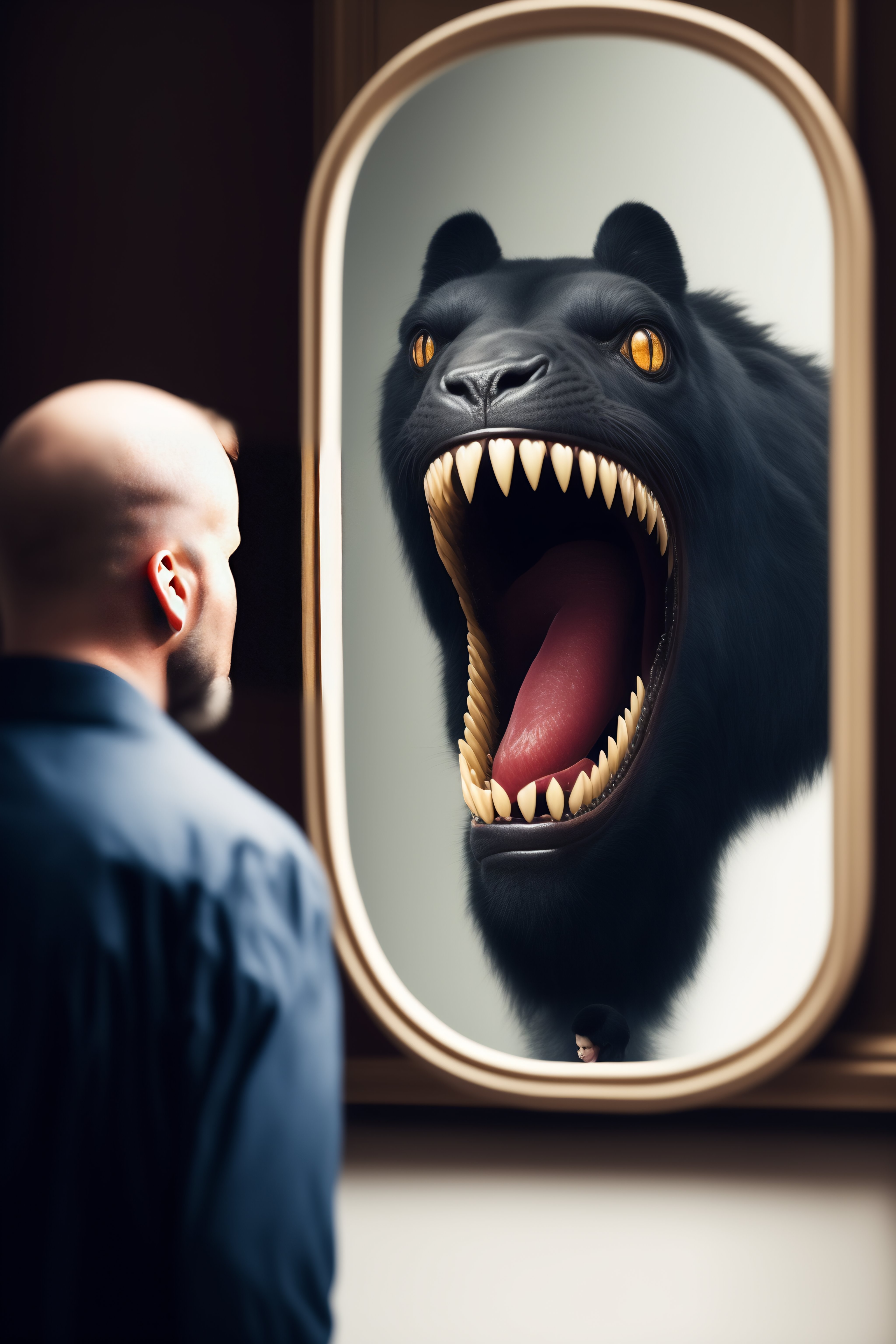 Lexica - Man looking in mirror and seeing a terrifying monster