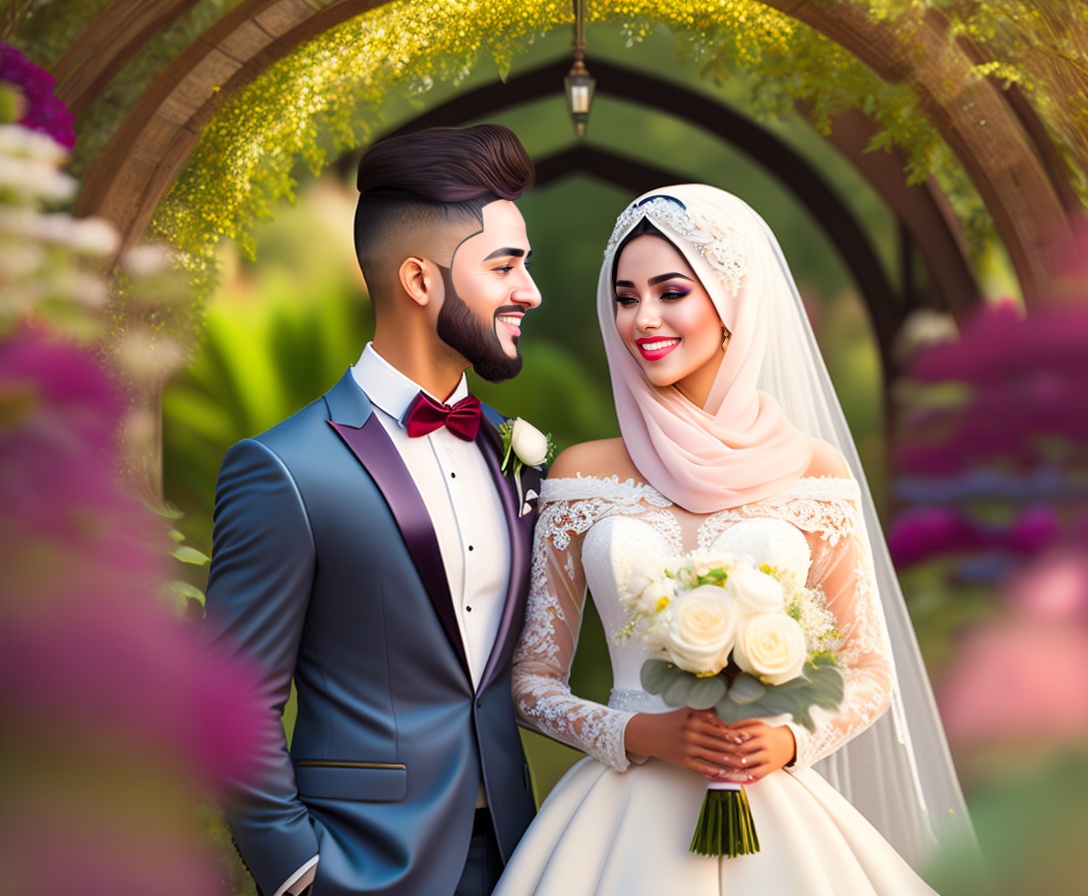 Lexica - Landscape format, a groom, a beautiful bride wearing hijab ...