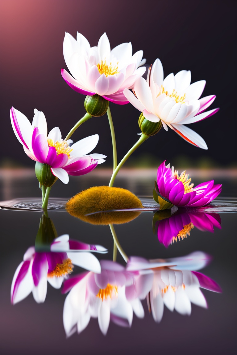 Lexica - Watery pink and white lilies in mirrored dark water are ...