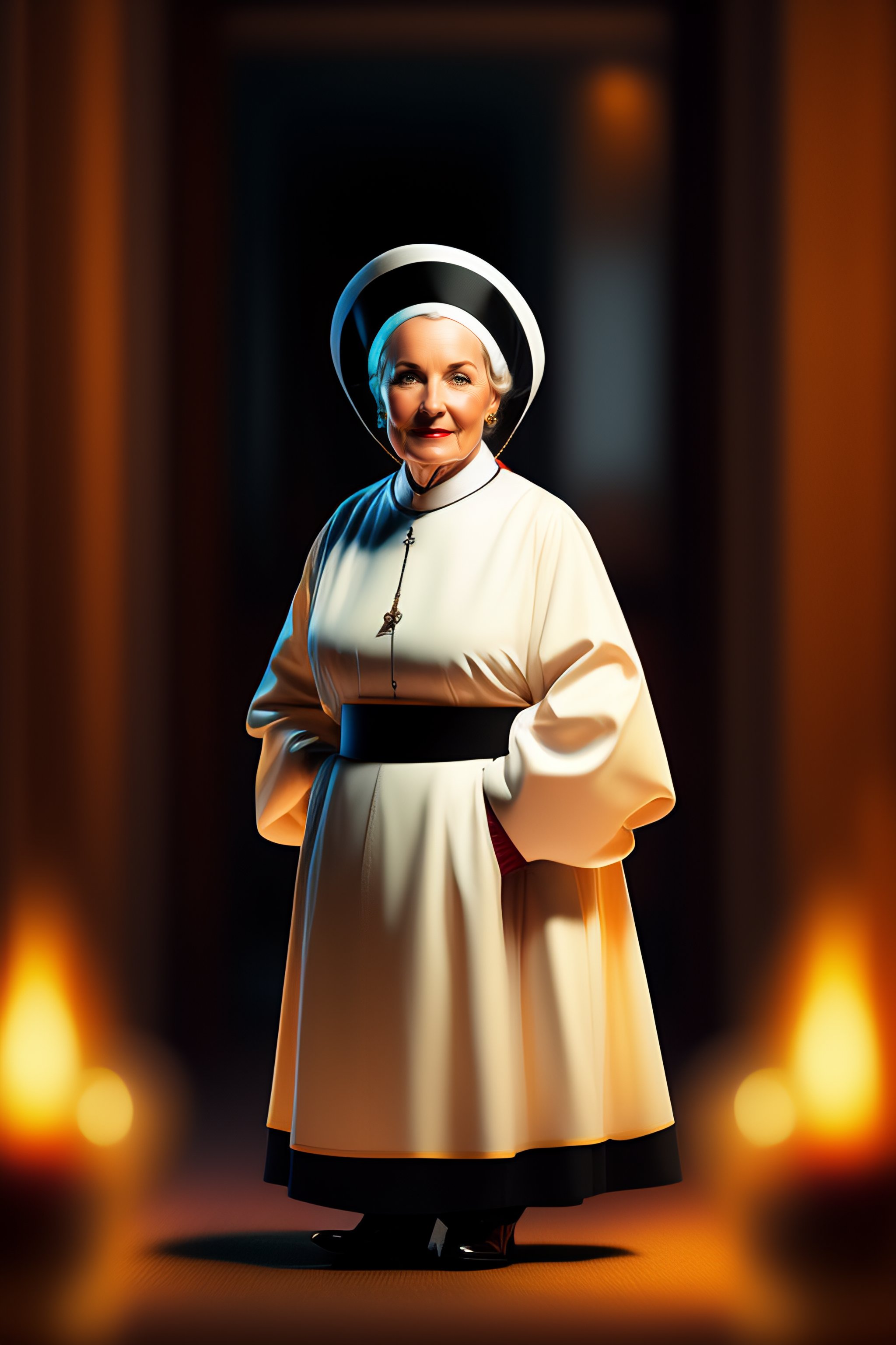 Lexica - Goofy dressed as a nun, warm lighting