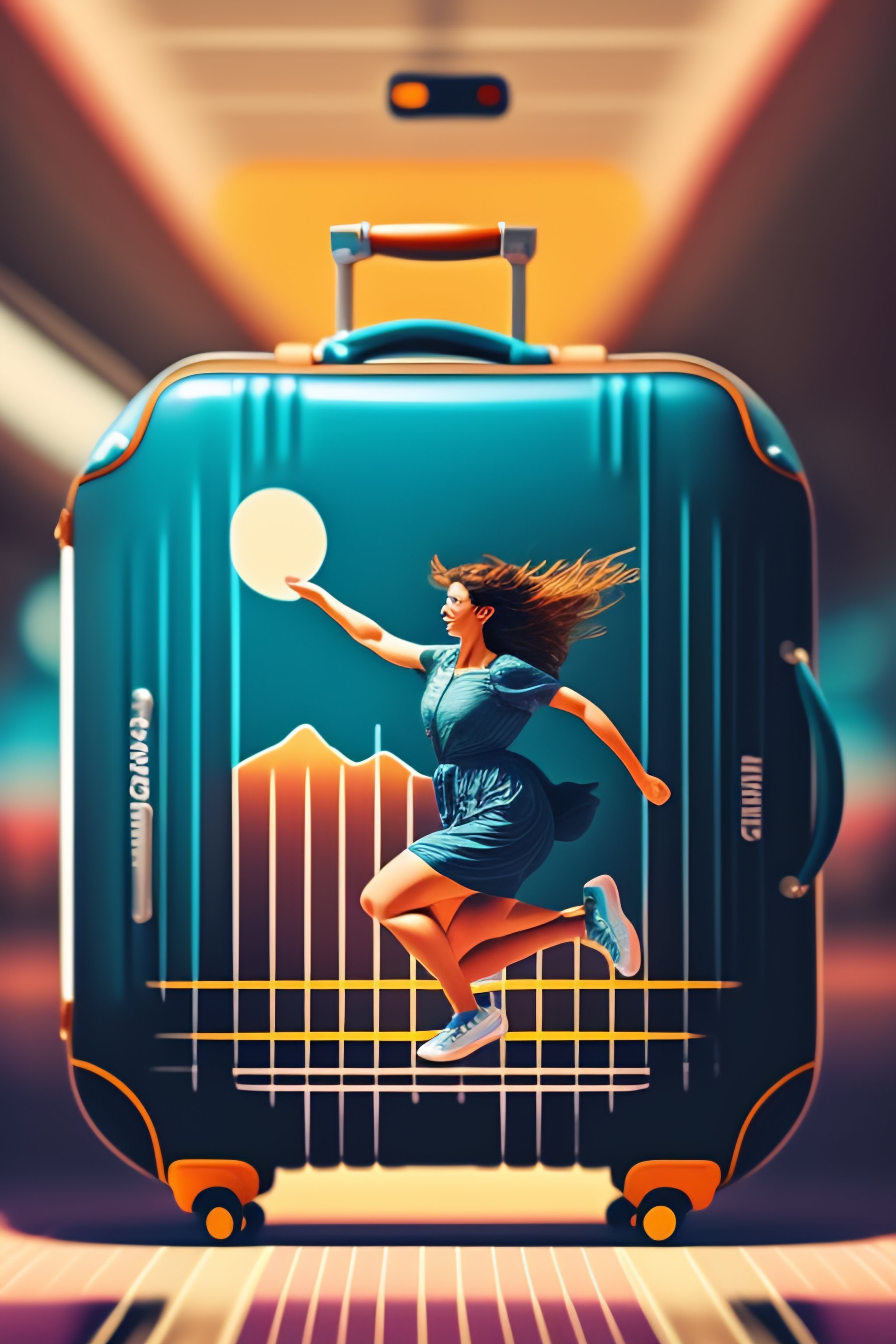 Lexica - A woman jumping in the air with a suitcase, travel ad, luggage ...