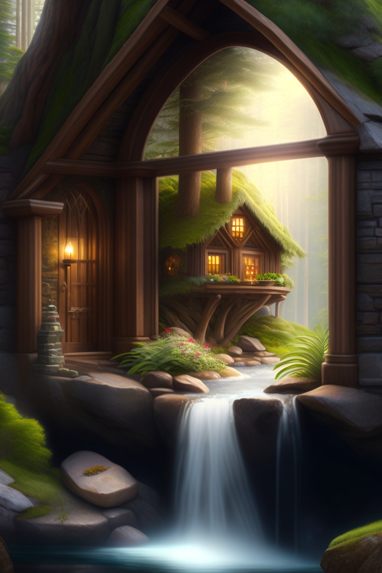 Lexica - Elvish house from inside, middle earth, mirkwood, waterfall ...