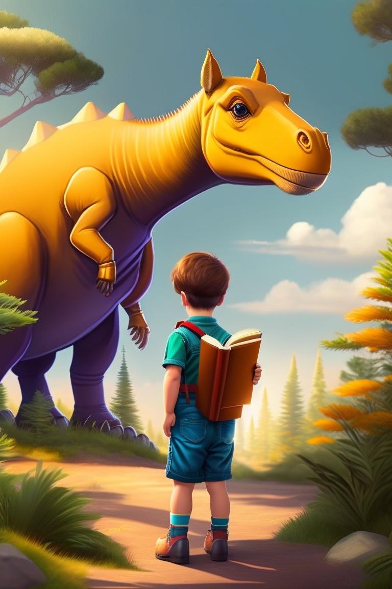 Lexica - Exploration, Curious, Boy, Forest, Dinosaur, Book, Sunny, Morning