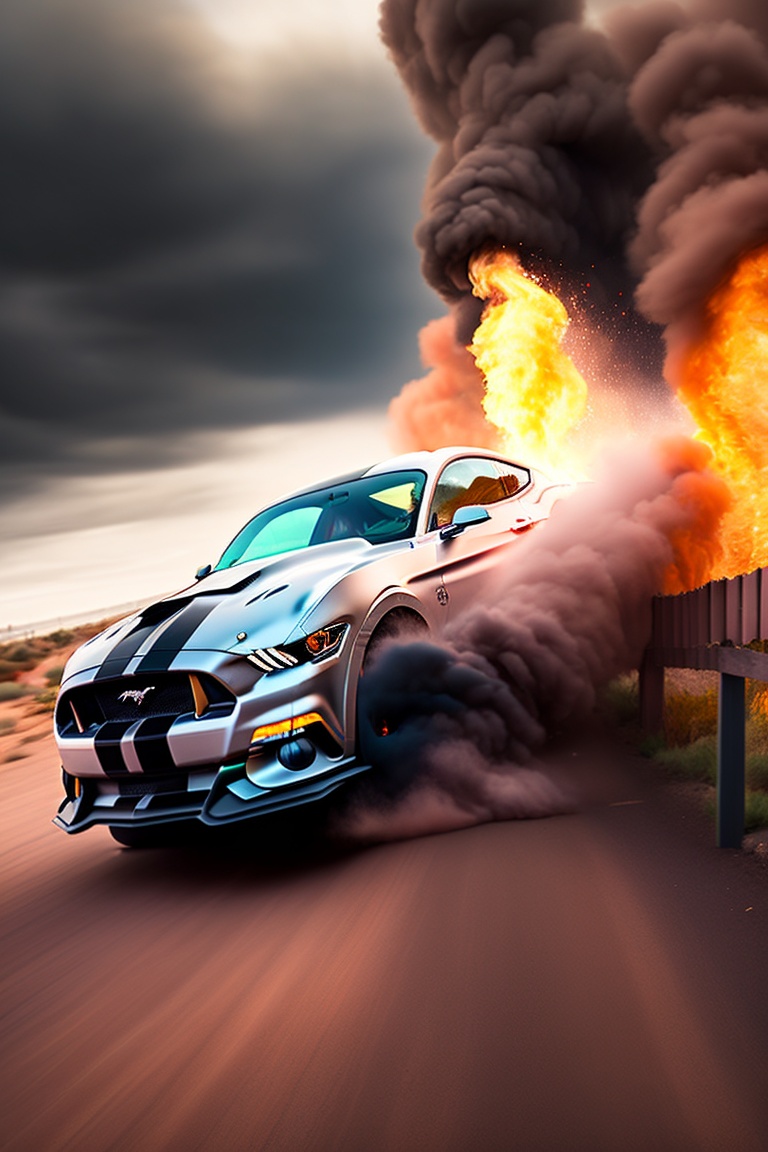 Lexica - Car model mustang breaks through the fence, in the background ...