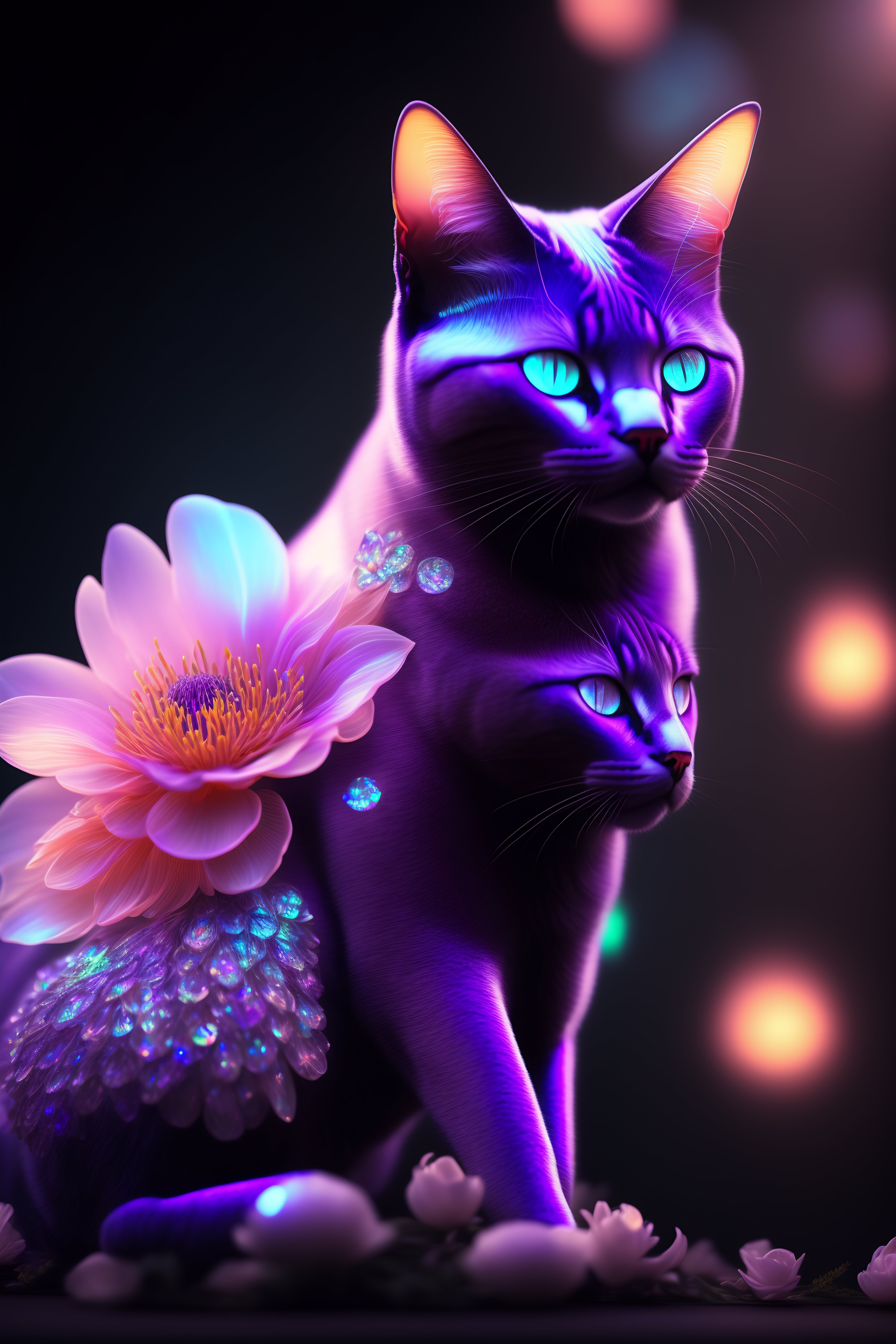 Lexica - Large blooming iridescent cat, photo realistic eyes in the ...