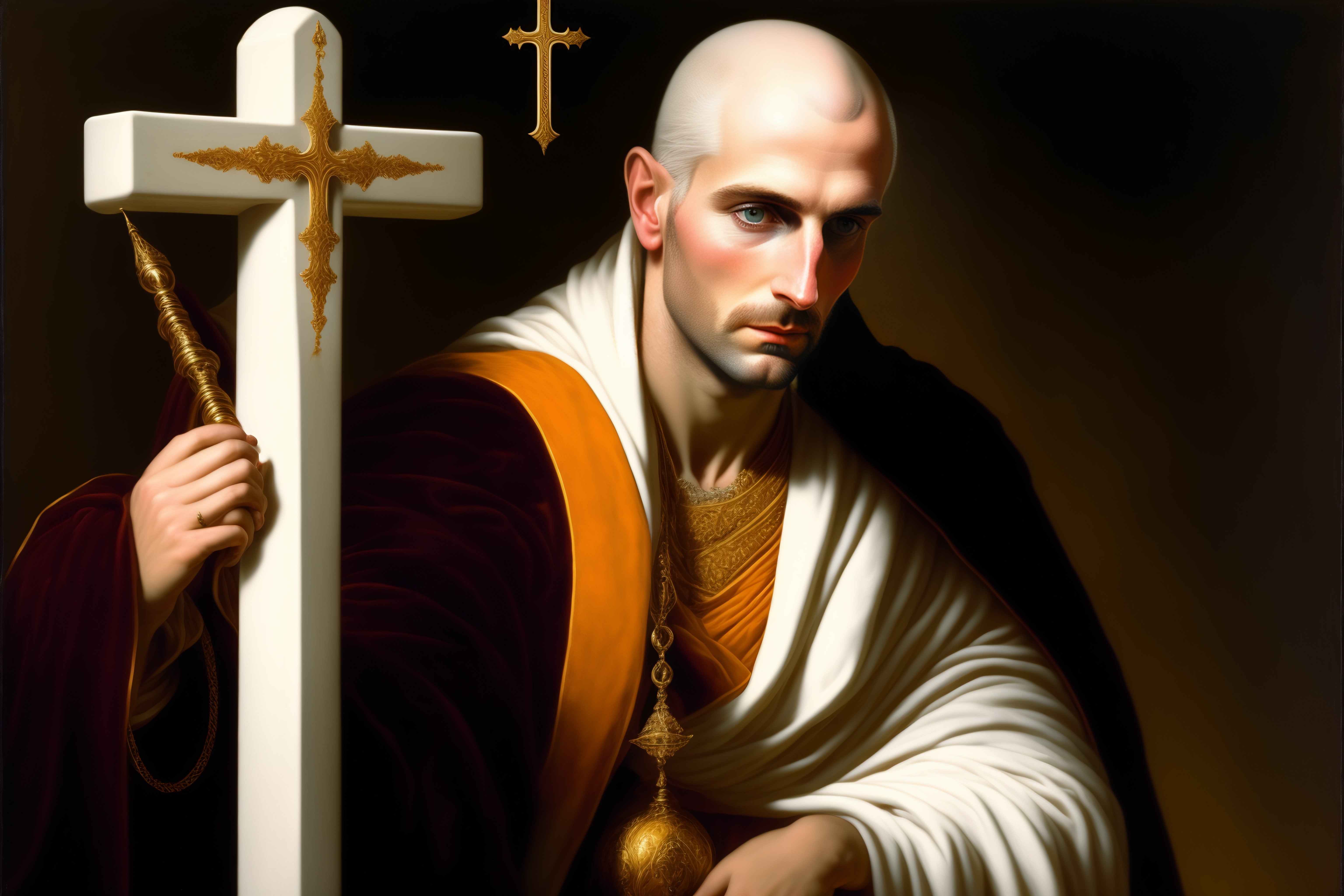 Lexica - White Monk in dark robes hold a white snake on the cross