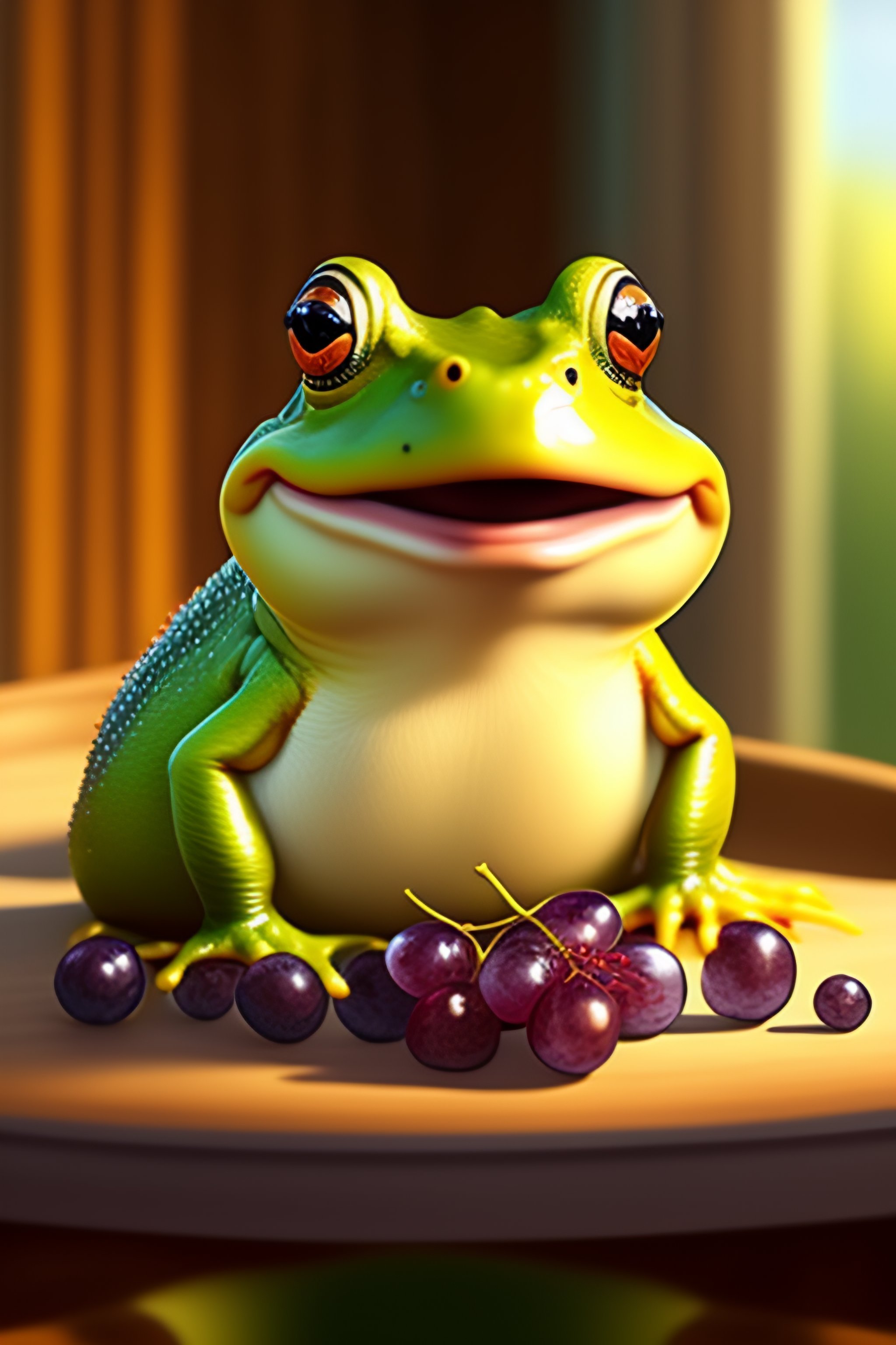 Lexica - Pixar art of a funny smiling frog eating some grapes sitting around a table