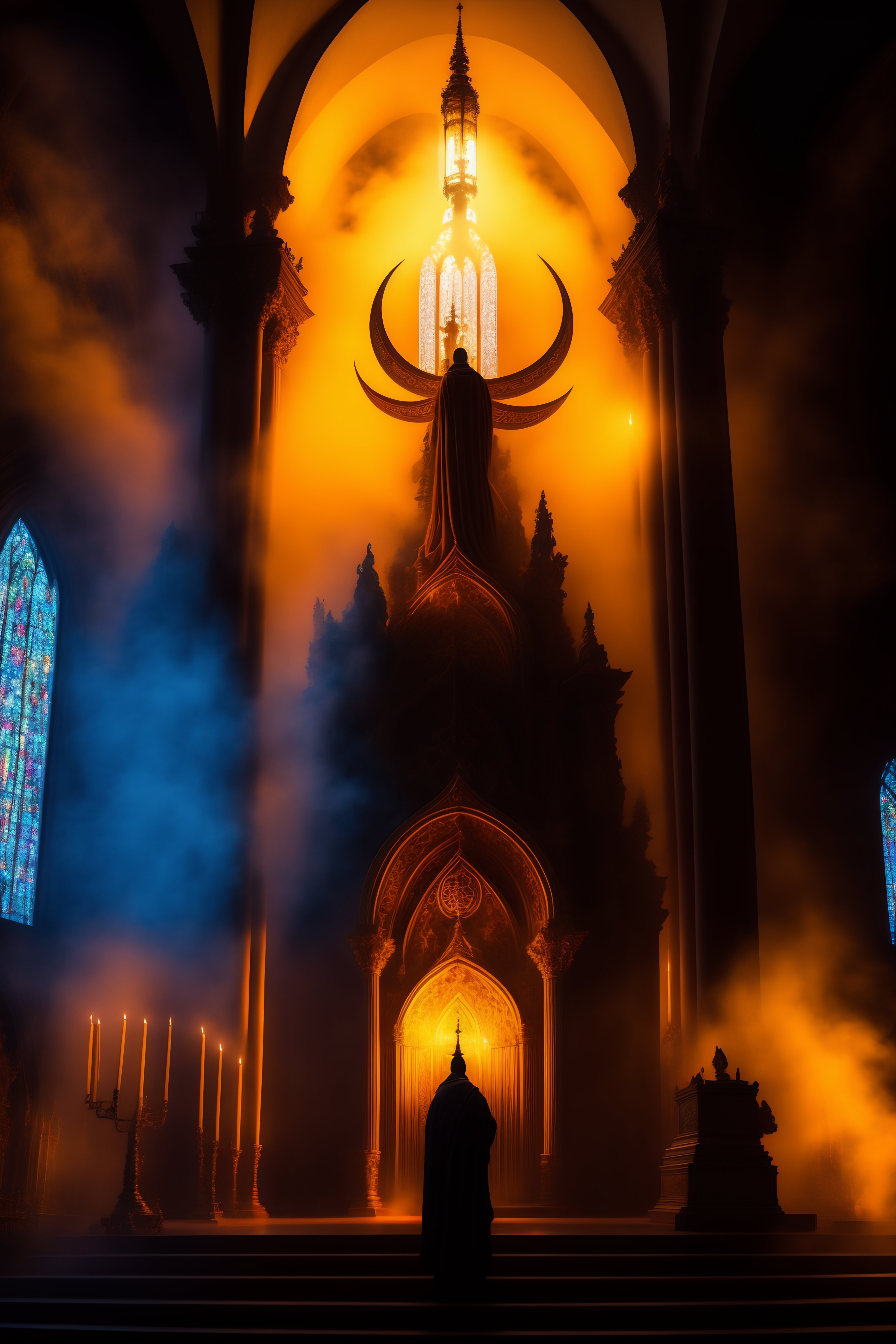 Lexica - Hooded monks offering incense to a huge Baphomet statue in a ...