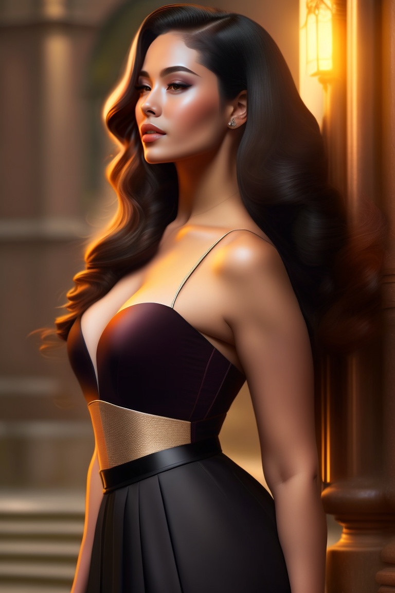 Lexica - Hot, long curvy dark hair, skirt, skinny, curvy, sideshot, bra, ponytail