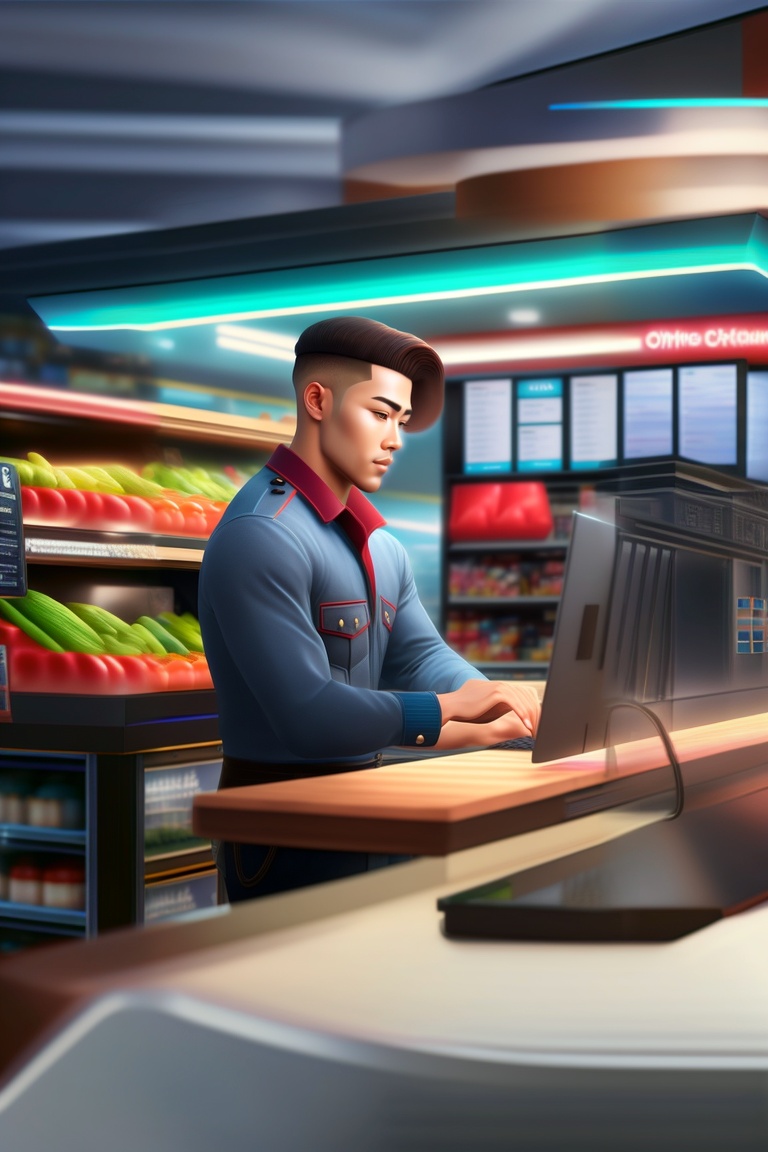 Lexica - Image of a man working on a computer inside a convenience ...