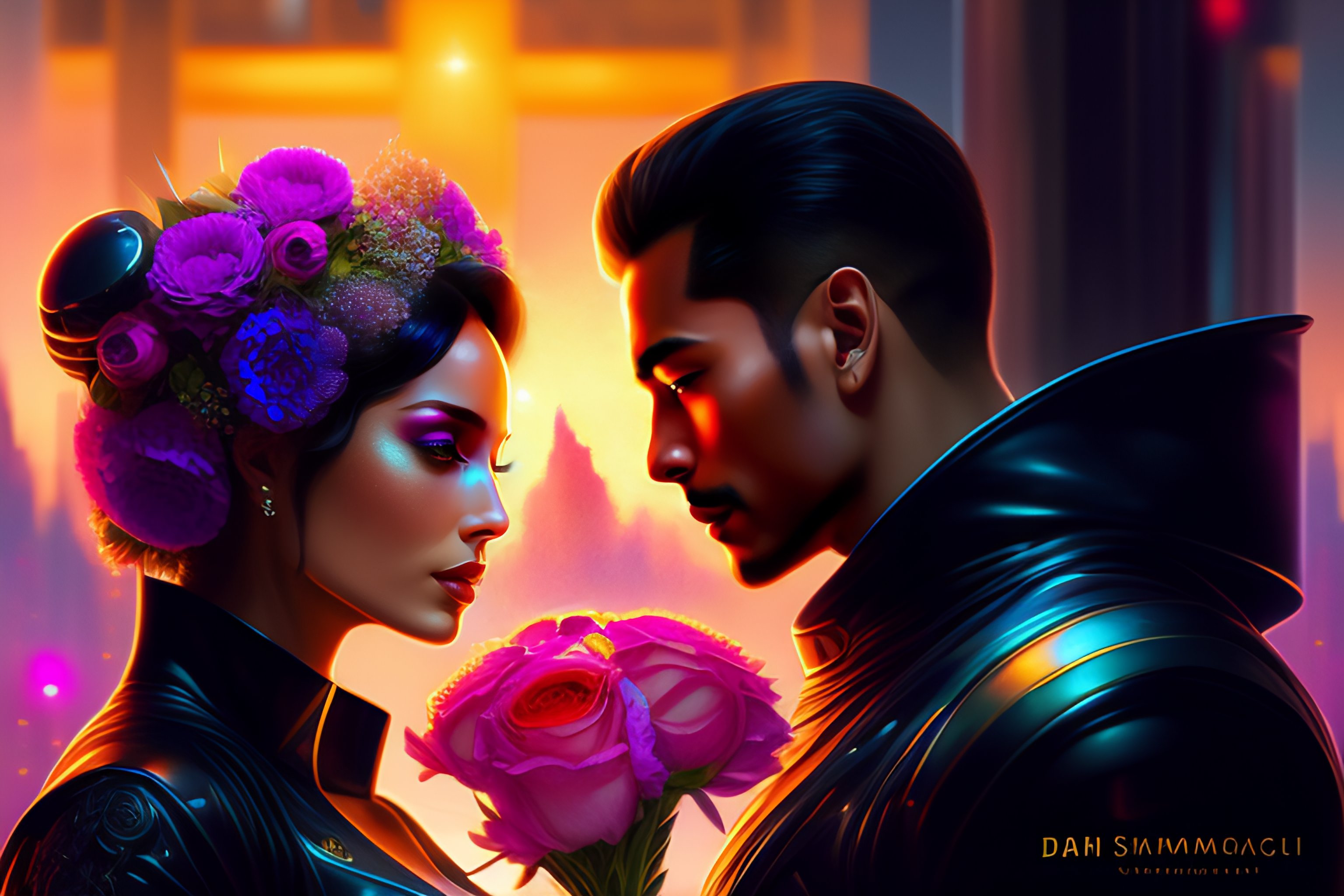 Lexica - An android man gives a bouquet of flowers to a beautiful human ...