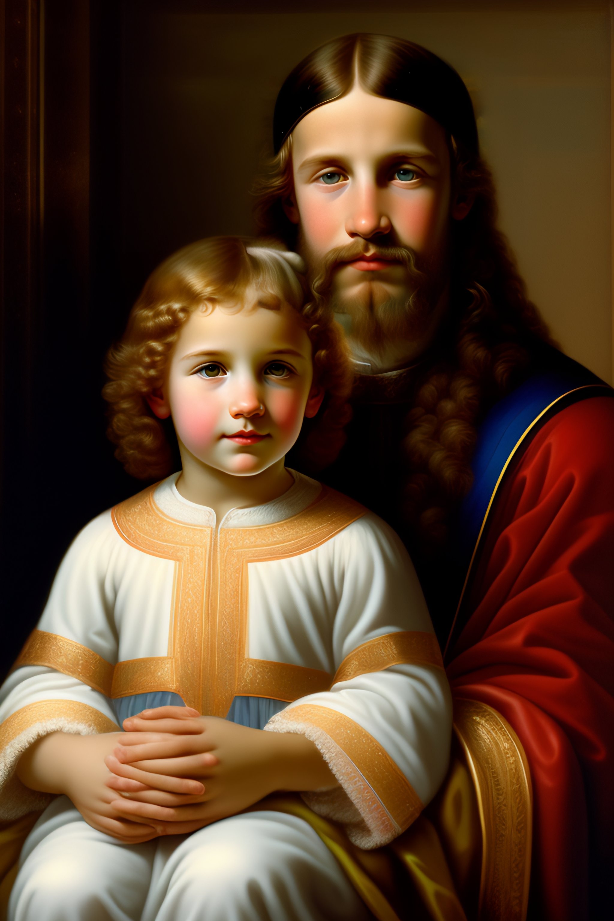 Lexica - Portrait of a child sitting in the lap of Jesus Christ