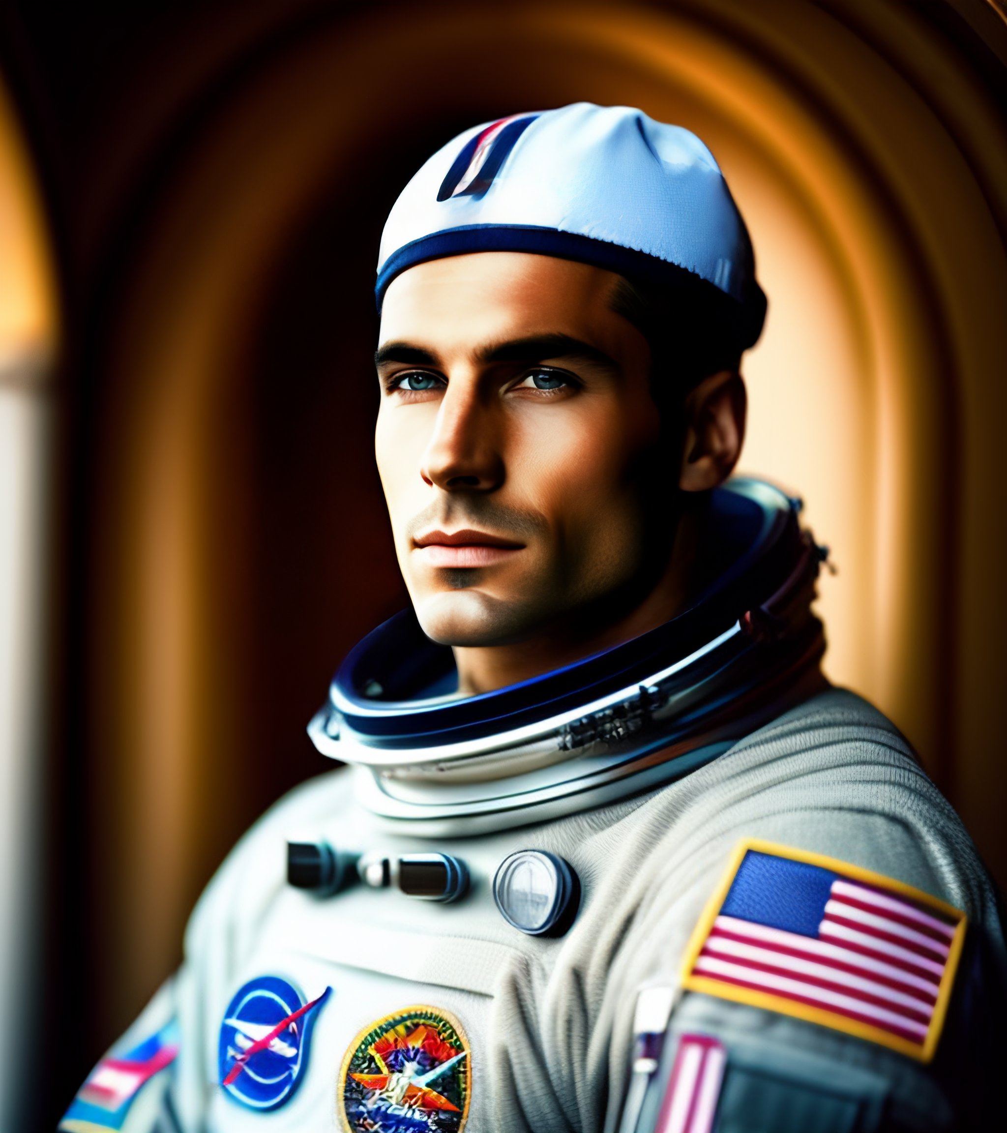 Lexica - Photograph of a man, astronaut suit, military beret, front ...