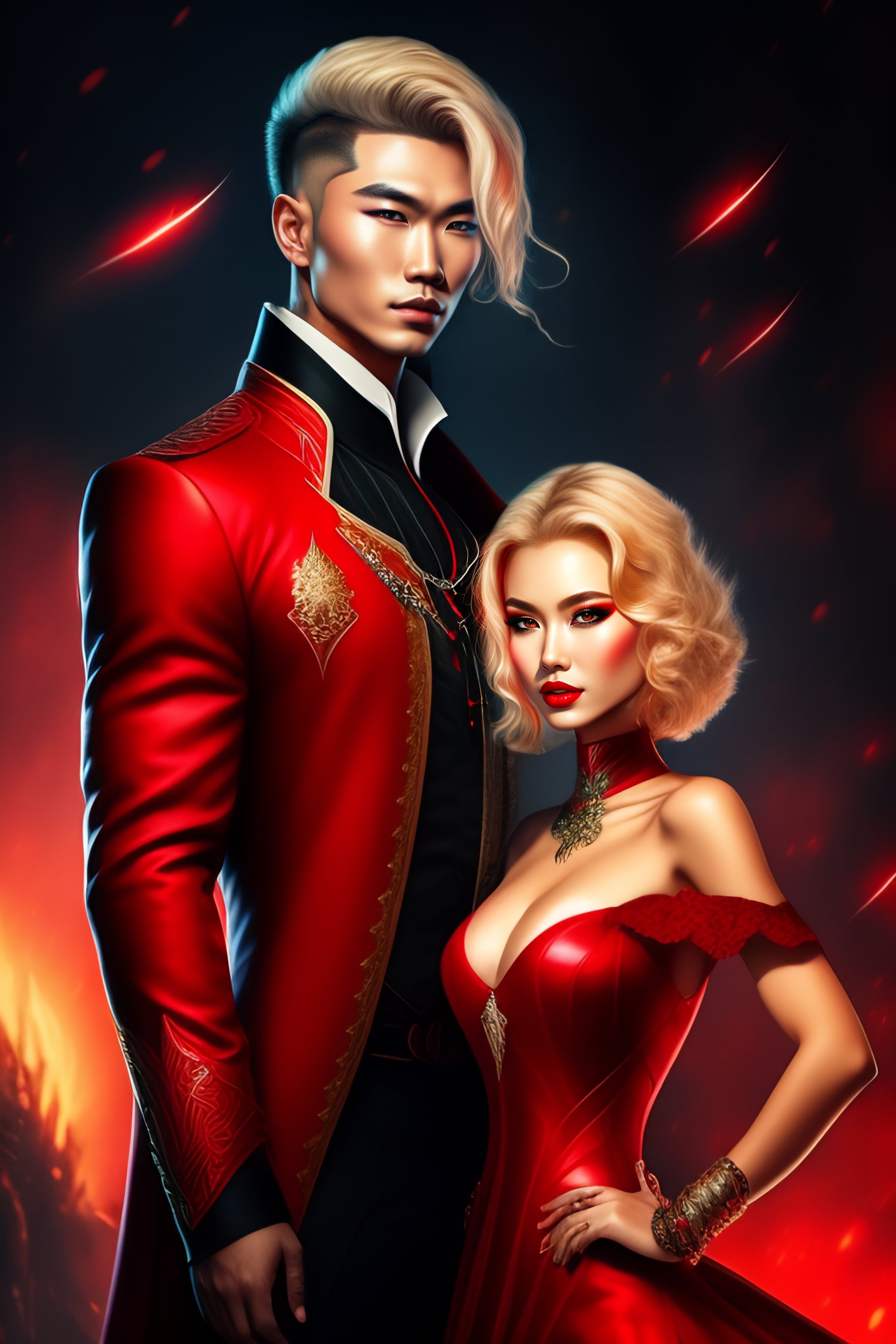 Lexica - Short blonde hair woman in red dress and handsome half Asian ...