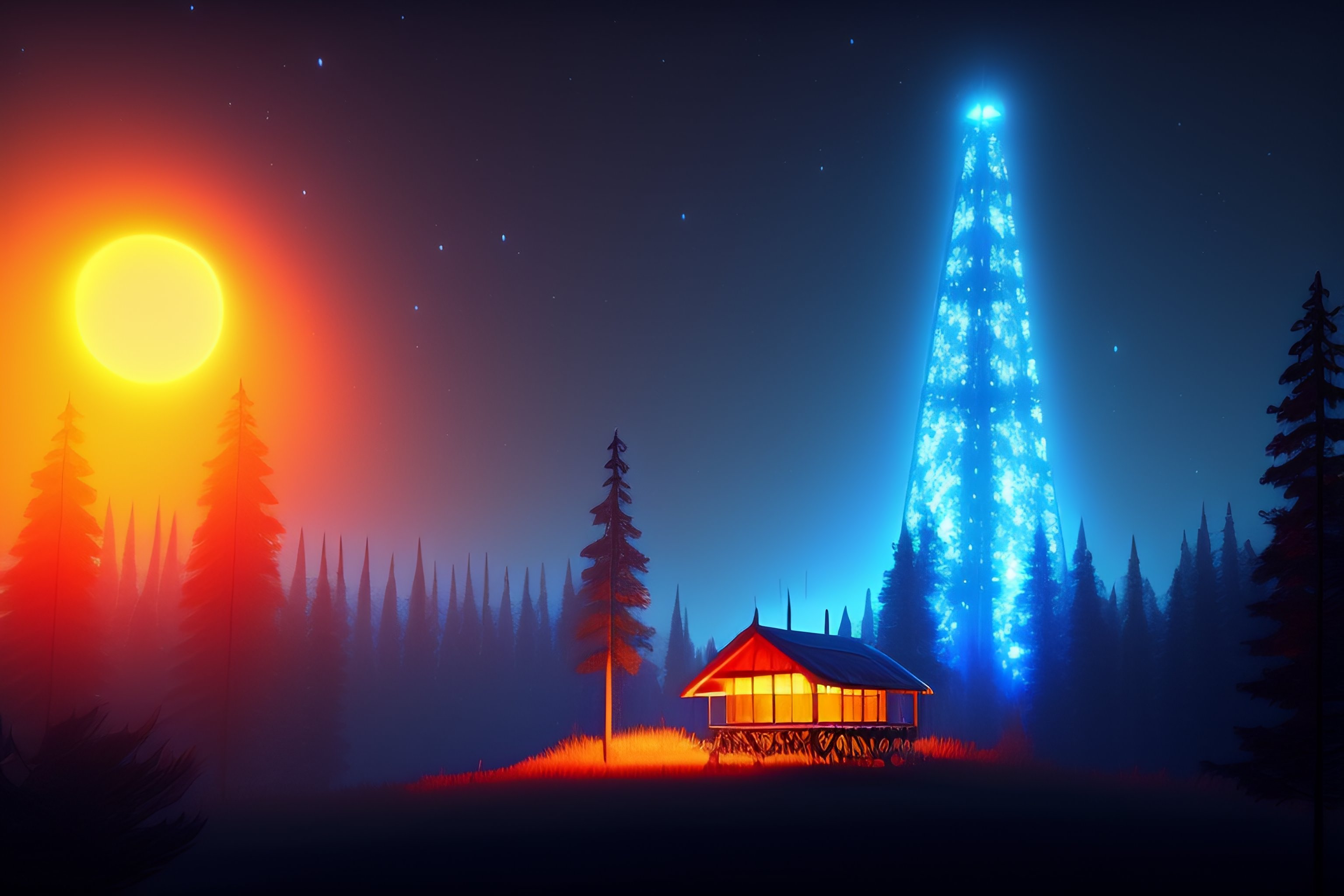 Lexica - A firewatch tower in the middle of the forest, in the night ...