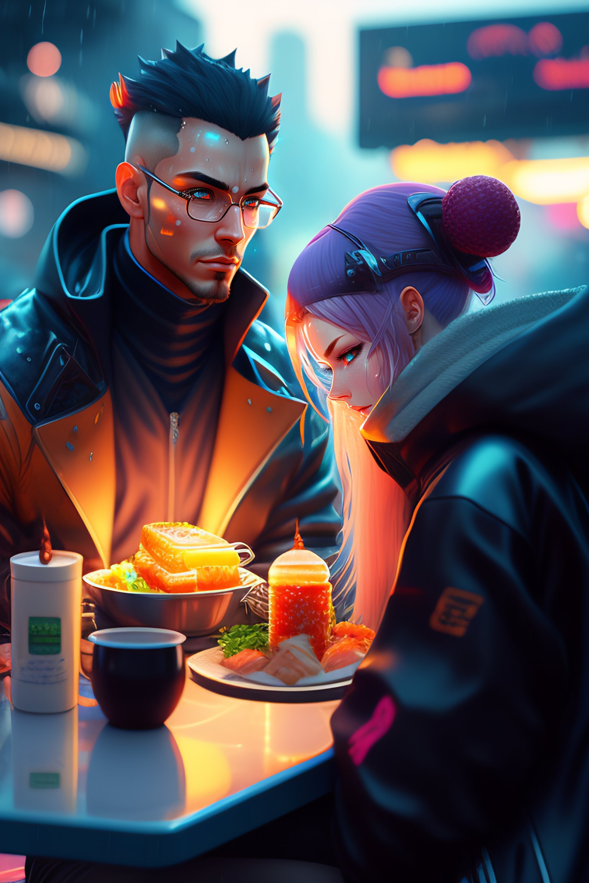 Lexica - A group of cyberpunk cyborg eating sushi on a table outside in ...