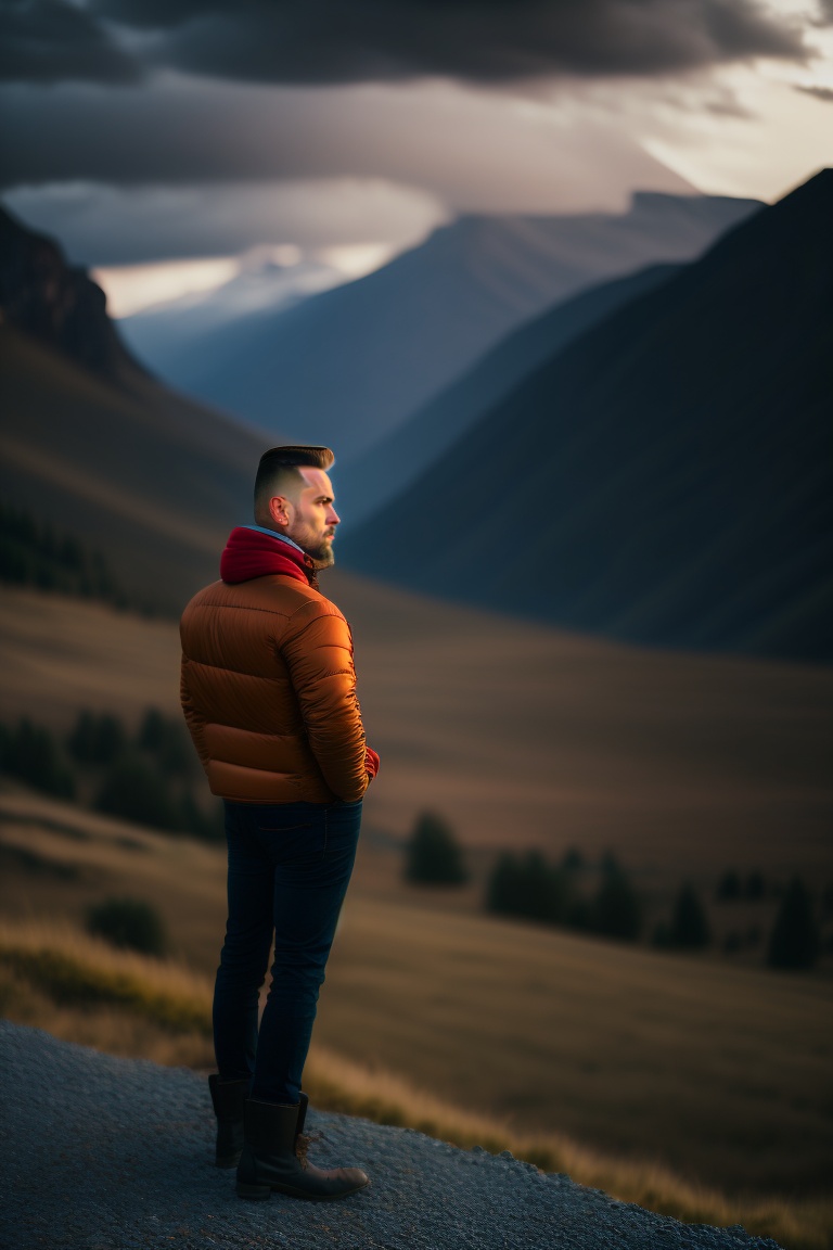 Lexica - Portrait of a man looking fiercely into the distant mountains ...