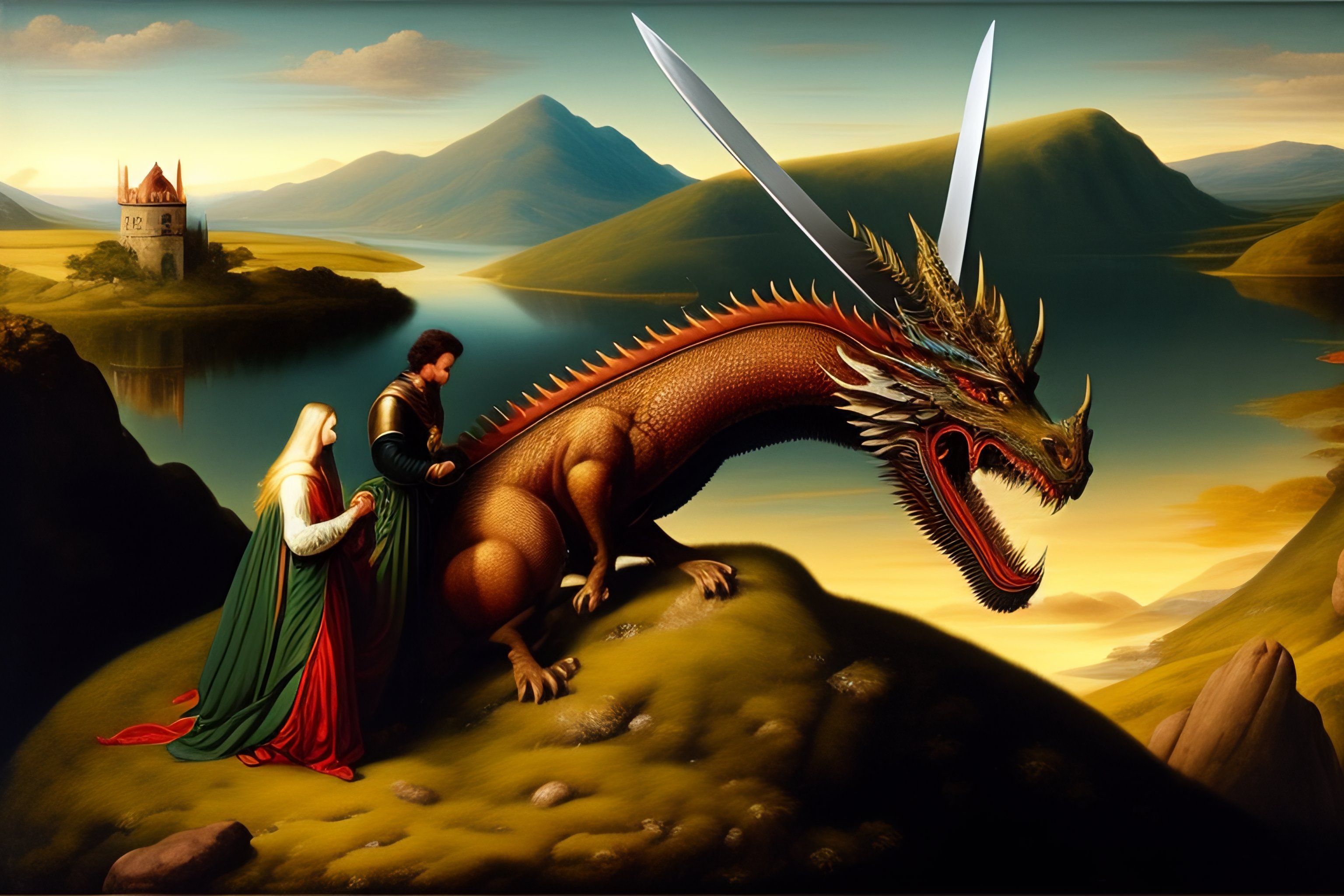 Lexica - Men kills dragon with sword in irish landscape, Renaissance ...
