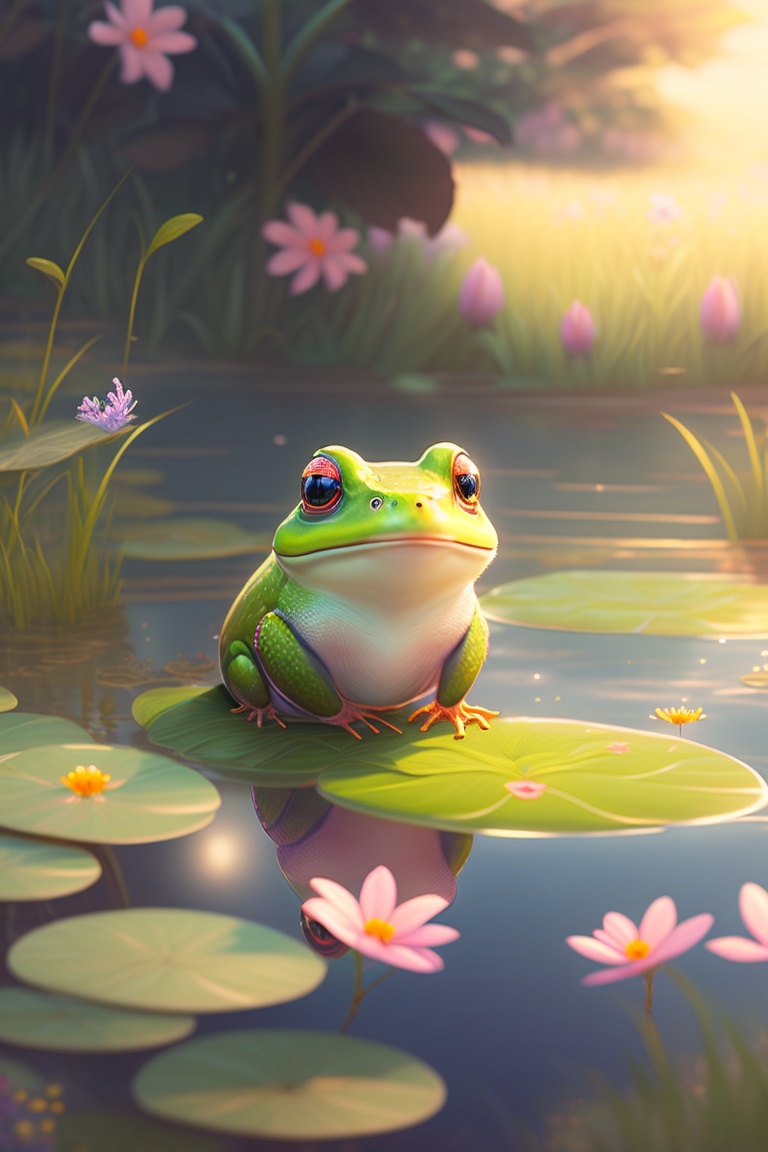 Lexica - Cute little frog in the swamp filled with flowers, dreamy ...