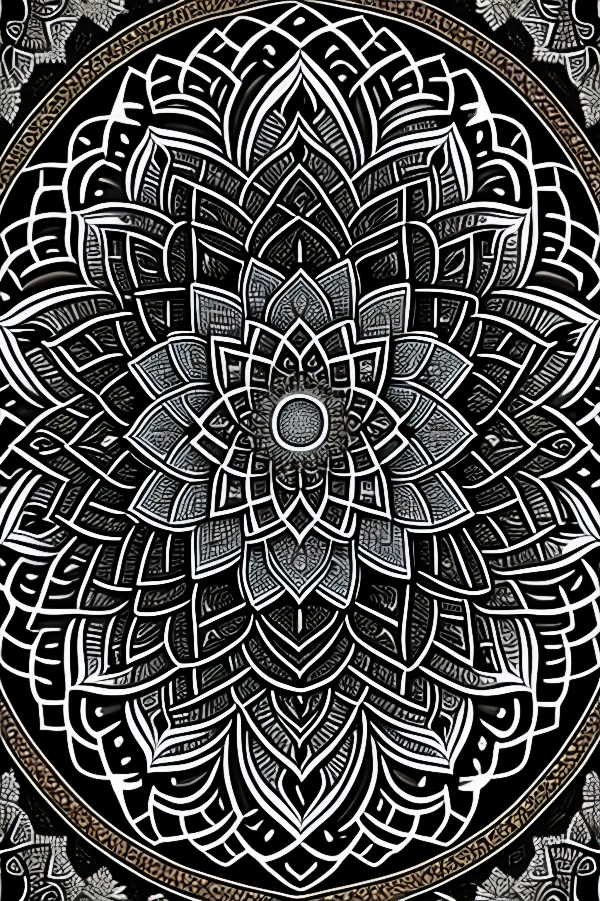 Lexica - Arabic intricate details, black and white, 2d, mandala style