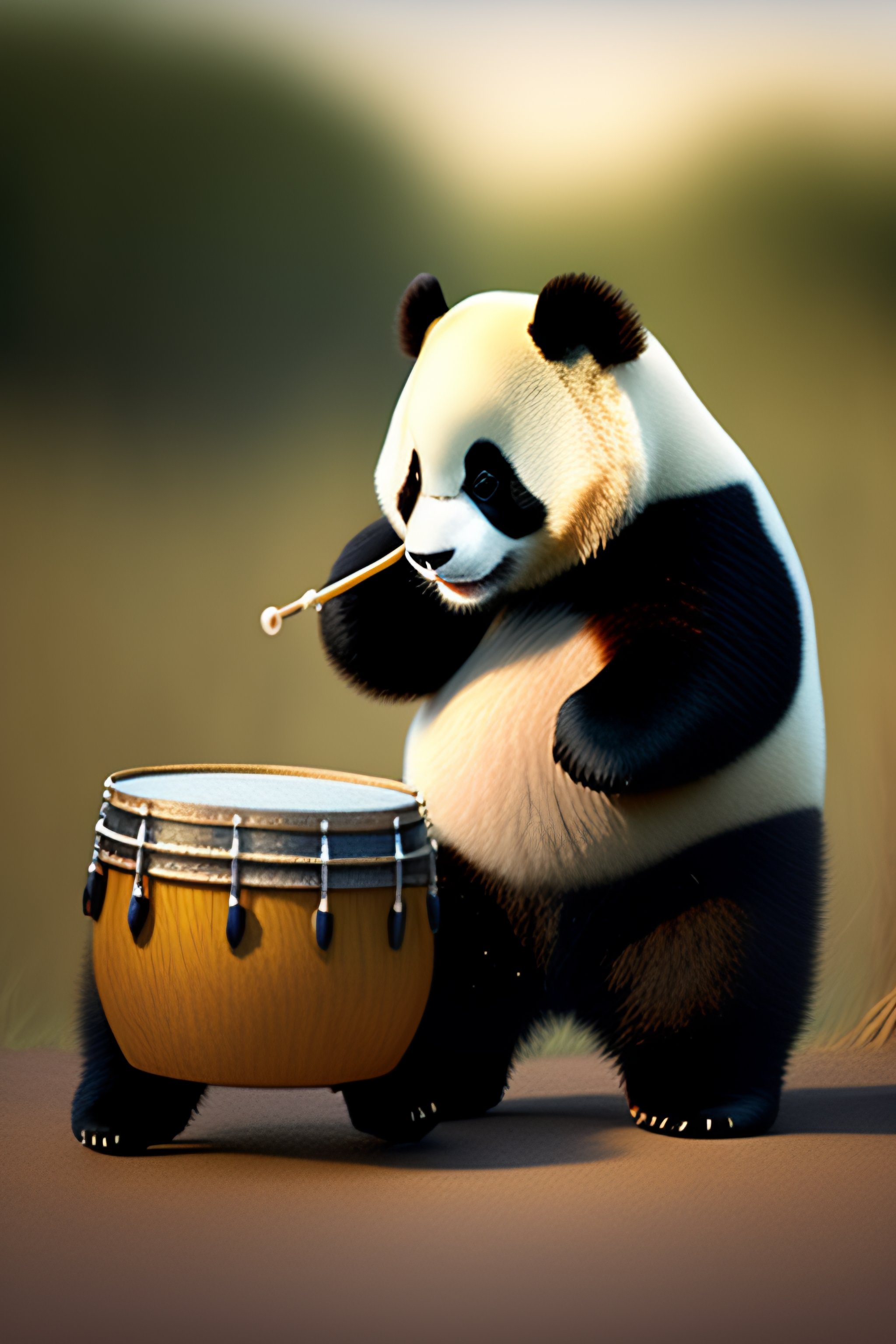 Lexica - Portrait of a cute panda playing the drums on a ranch