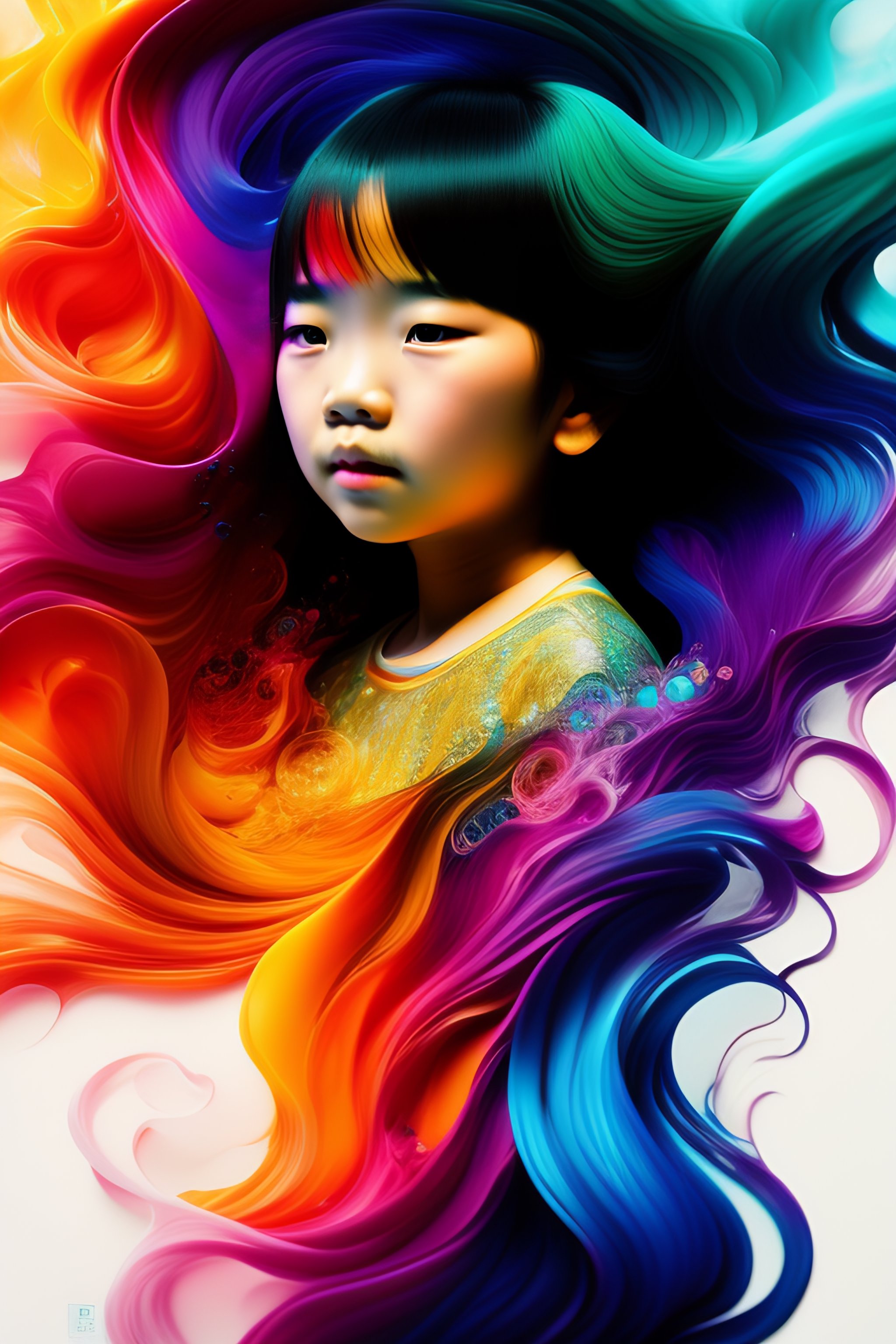 Lexica - Colorful underwater ink art of a 10 year old asian girl ...