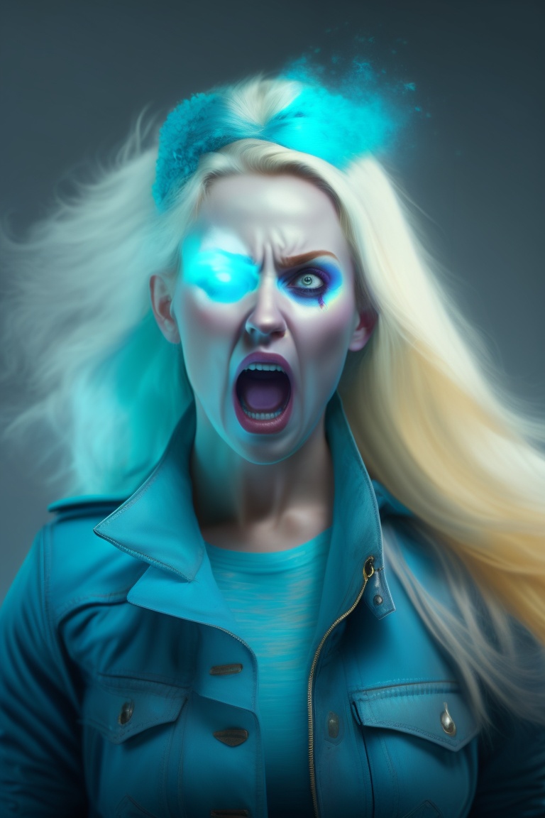 Lexica - Zombie blonde woman, very scared, blue clothes, hands on her ...