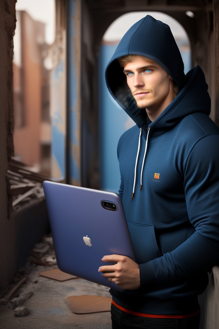 Lexica - Jake hacker in a black hoodie with blue eyes, standing in an ...
