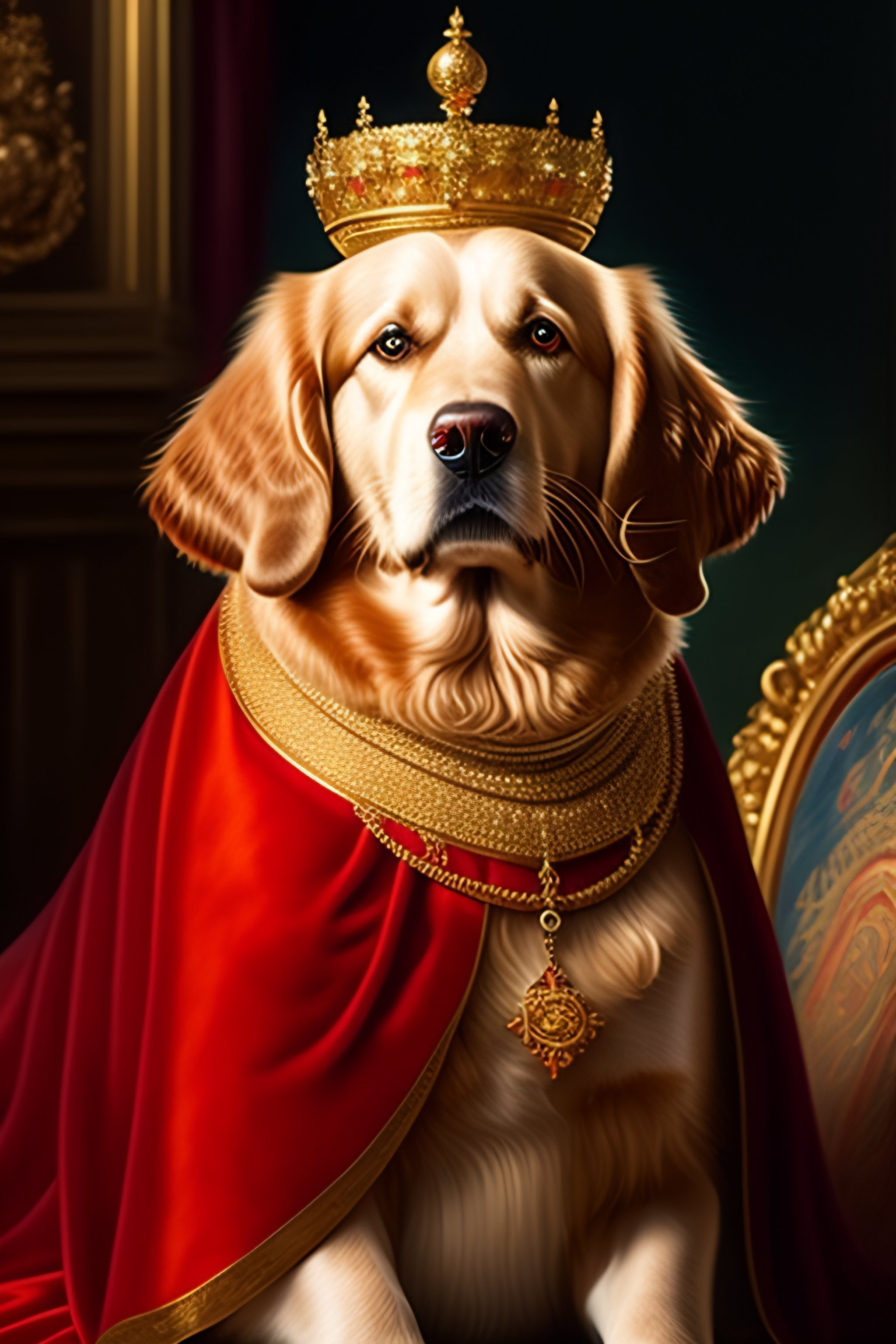 Lexica - A royal golden retriver sitting on a throne holding a royal ...